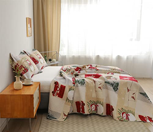 Christmas Plaid Snowman Quilt Set Queen Size (90 x 90 Inches) Reindeer Cardinal Birds Xmas Tree Snowflake Car Holiday Bedding Sets, Red Vanilla Grid Coverlet Bedspread Bed Cover Bed Set with Shams