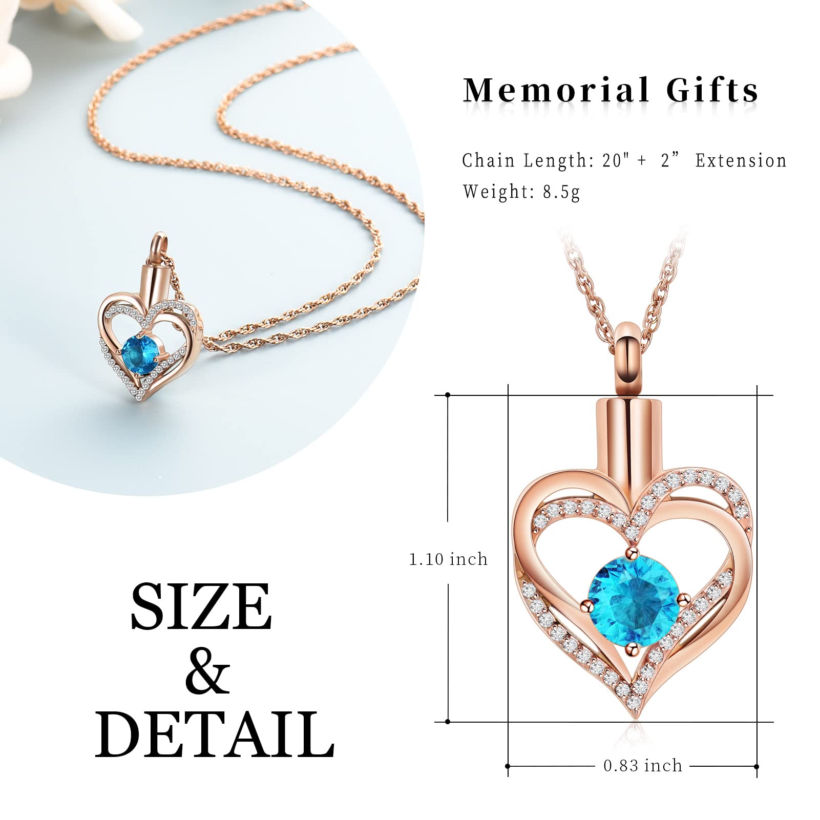 shajwo Cremation Jewelry Heart Urn Necklace for Ashes for Women Gilrs Memorial Keepsake Birthstone Pendant,Rose Gold-Light Blue