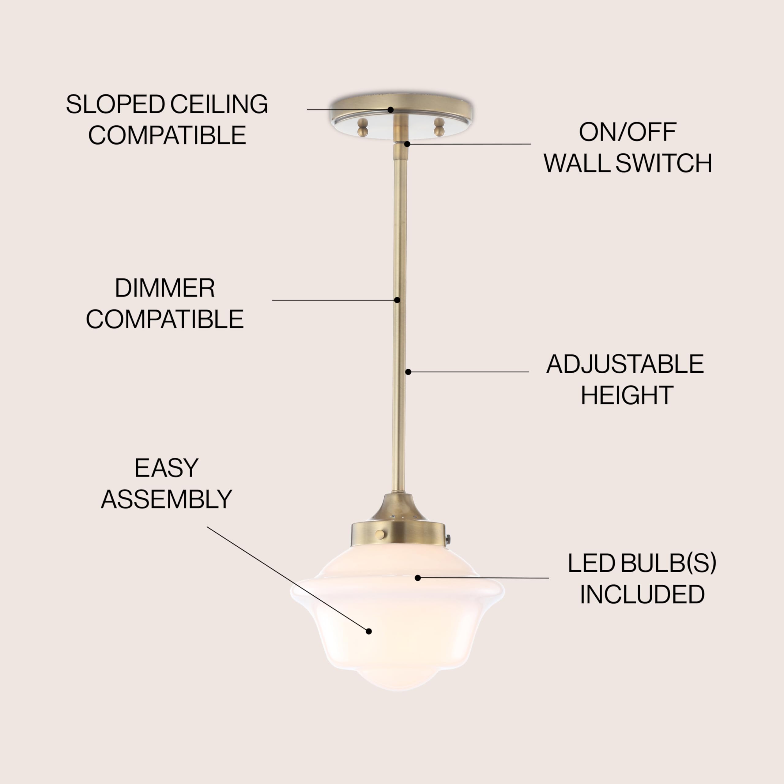 JONATHAN Y JYL3516A Kurtz 7.2" Adjustable Drop Metal/Glass LED Pendant Contemporary Transitional Dimmable Dining Room Living Room Kitchen Foyer Bedroom Hallway, Brass Gold/White