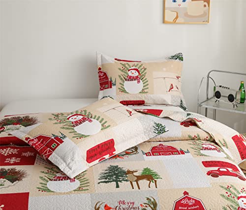 Christmas Plaid Snowman Quilt Set Queen Size (90 x 90 Inches) Reindeer Cardinal Birds Xmas Tree Snowflake Car Holiday Bedding Sets, Red Vanilla Grid Coverlet Bedspread Bed Cover Bed Set with Shams