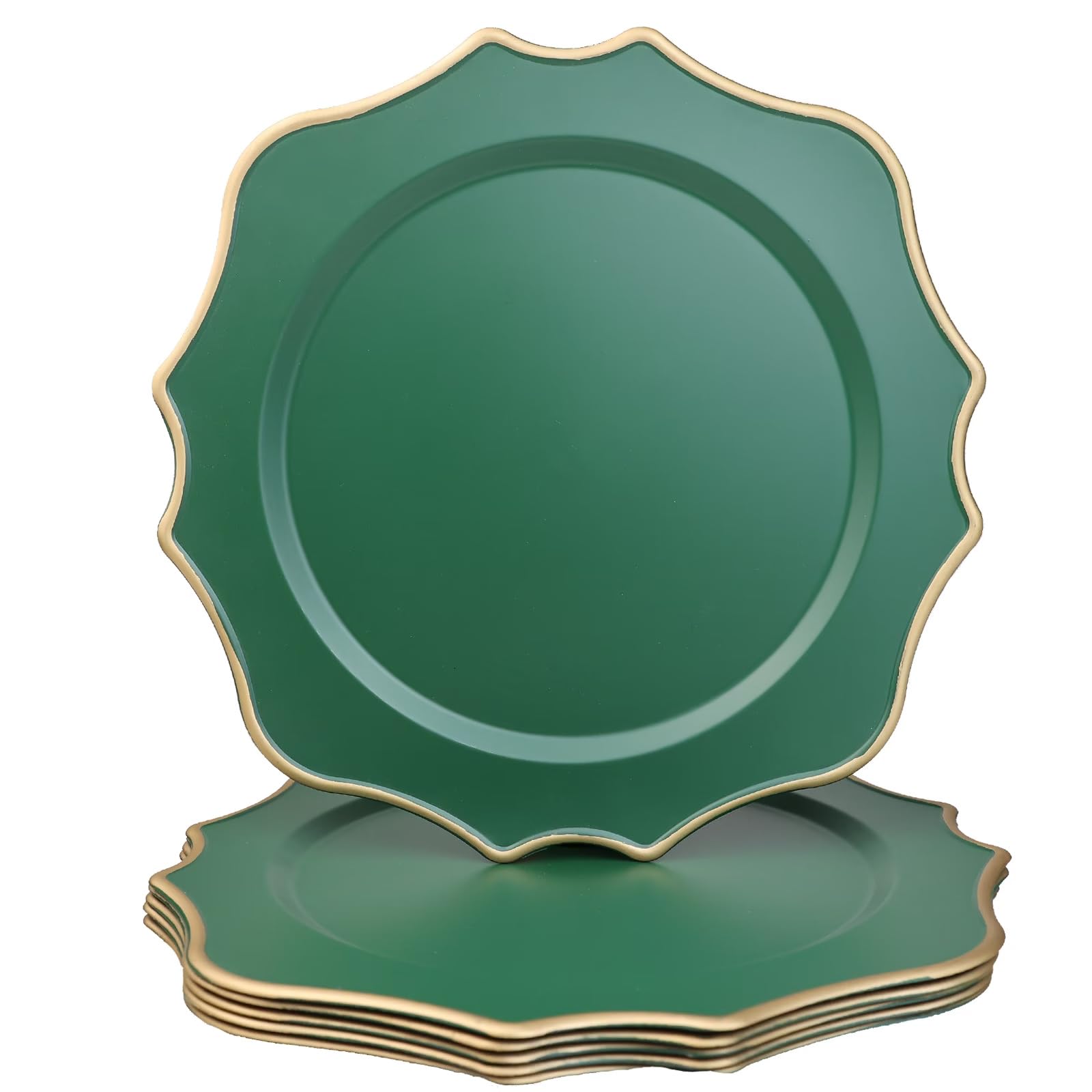 Omuriko Green Chargers for Dinner Plates, 13 Inch Scalloped Plastic Decorative Table Charger Service Plates Set of 6 for Wedding, Holiday, Thanksgivng, Christmas