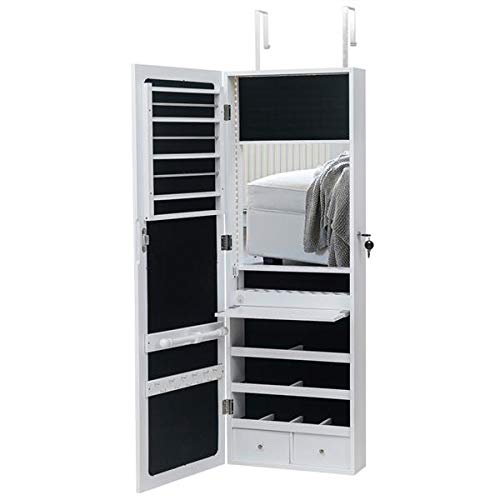 NALLBEIRRAA Jewelry Armoire Cabinet Full Length Hanging Mirror, Makeup Storage Organizer, Wall Mounted, w/Interior Mirror, LED Lights, Lock, Brush Holders, 4 Shelves (White3) …