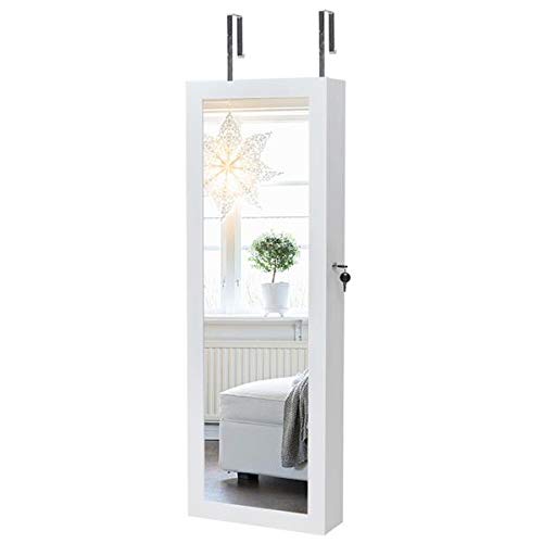 NALLBEIRRAA Jewelry Armoire Cabinet Full Length Hanging Mirror, Makeup Storage Organizer, Wall Mounted, w/Interior Mirror, LED Lights, Lock, Brush Holders, 4 Shelves (White3) …
