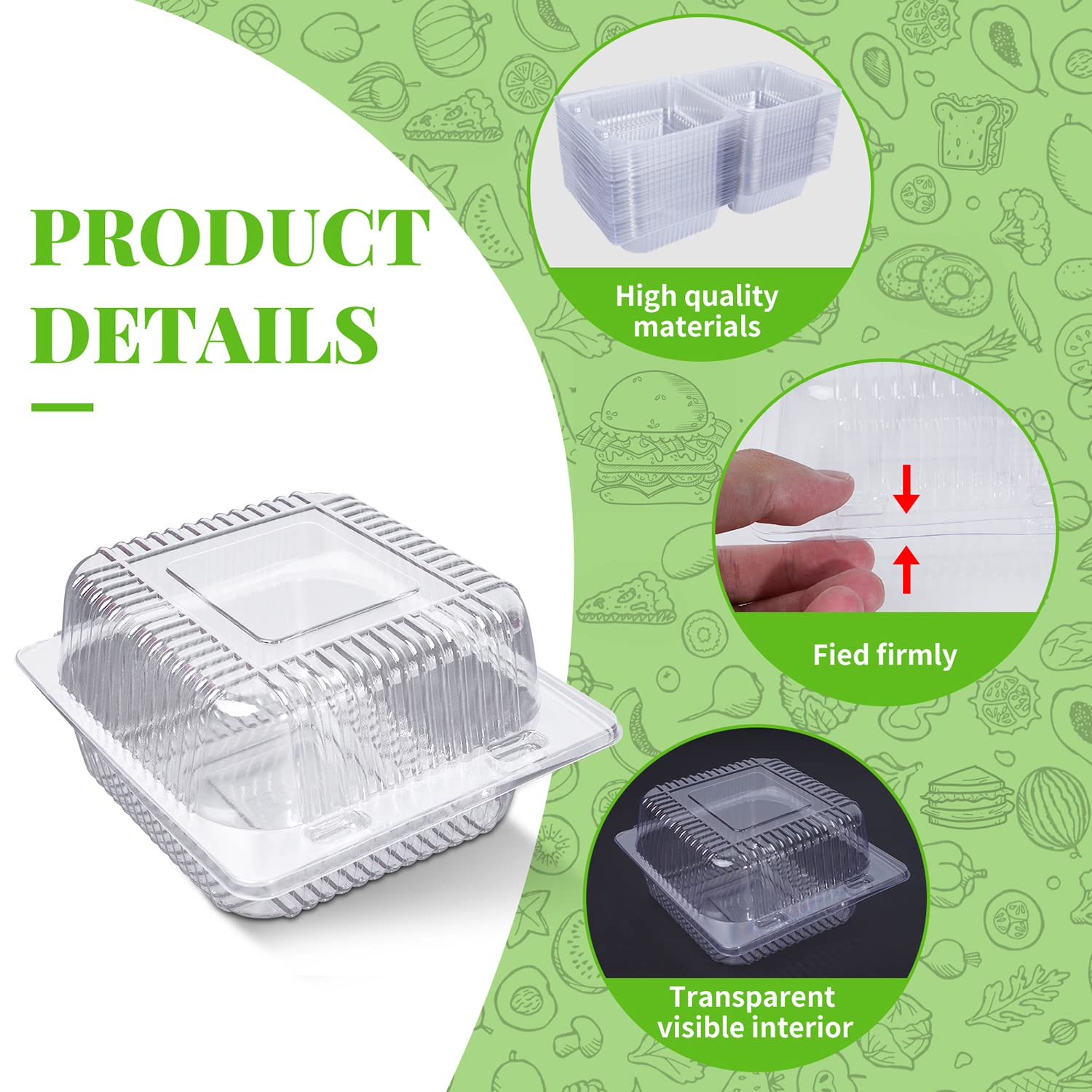 Jaojaopn 150 Pcs Disposable Clamshell Food Container with Lid, Square Hinged Food Containers Cake Slice Containers For Salads Desserts Burgers. (5.3x 4.7 x 2.8)