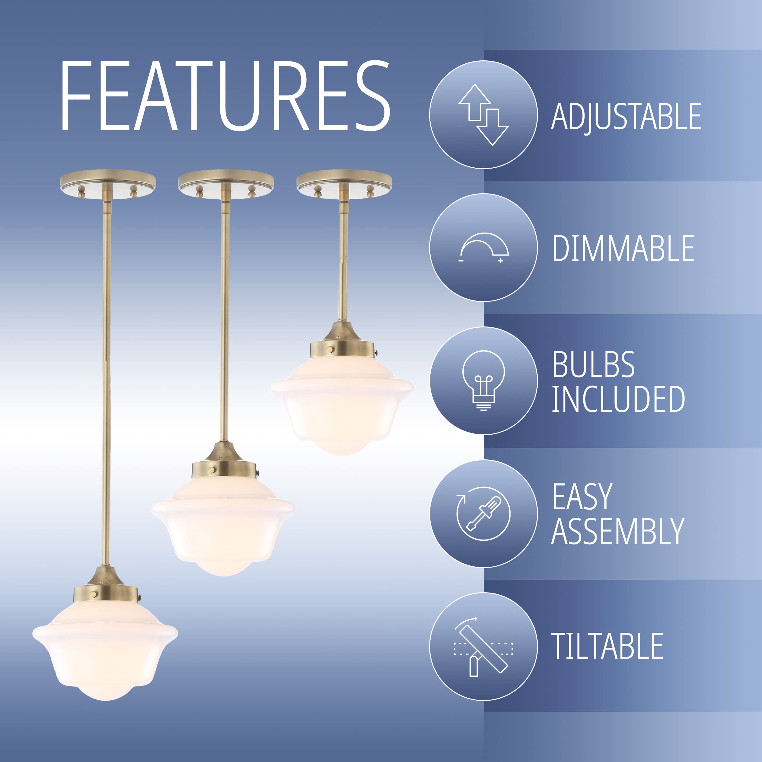 JONATHAN Y JYL3516A Kurtz 7.2" Adjustable Drop Metal/Glass LED Pendant Contemporary Transitional Dimmable Dining Room Living Room Kitchen Foyer Bedroom Hallway, Brass Gold/White