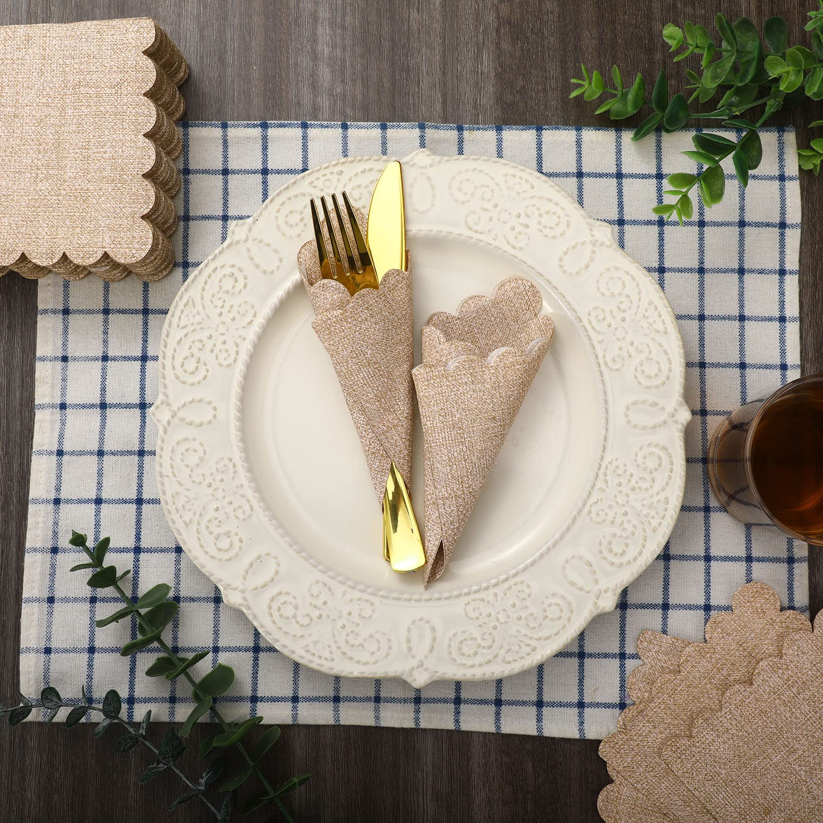 Panelee 100 Pcs Burlap Cocktail Dessert Napkins Bulk Rustic Scalloped Paper Napkins Decorative Party Disposable Hand Towel for Wedding Baby Shower Dinner Birthday, 5 x 5 Inch