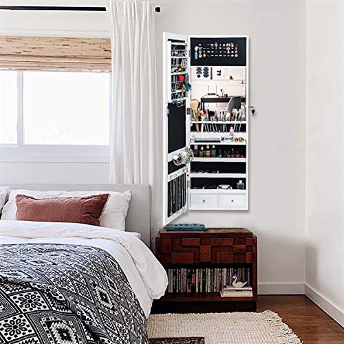 NALLBEIRRAA Jewelry Armoire Cabinet Full Length Hanging Mirror, Makeup Storage Organizer, Wall Mounted, w/Interior Mirror, LED Lights, Lock, Brush Holders, 4 Shelves (White3) …