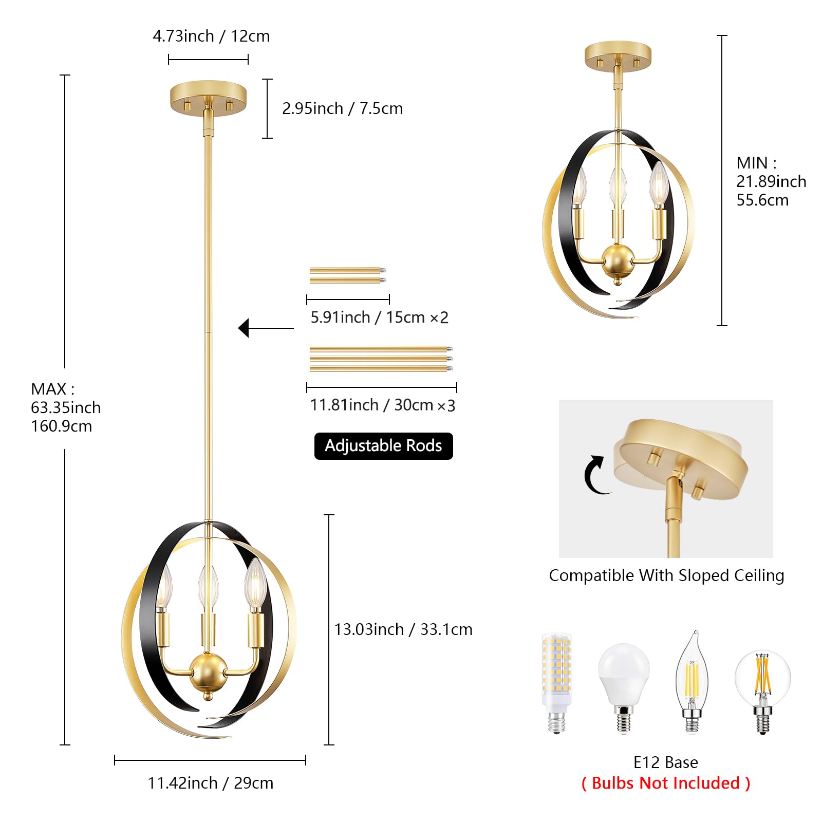 VIOLOEMI Black and Gold Pendant Light, Modern Globe Chandeliers for Dining Room, Adjustable Height 3-Light Farmhouse Foyer Hallway Entryway Kitchen Island Lighting Fixtures(Bulb Not Included)