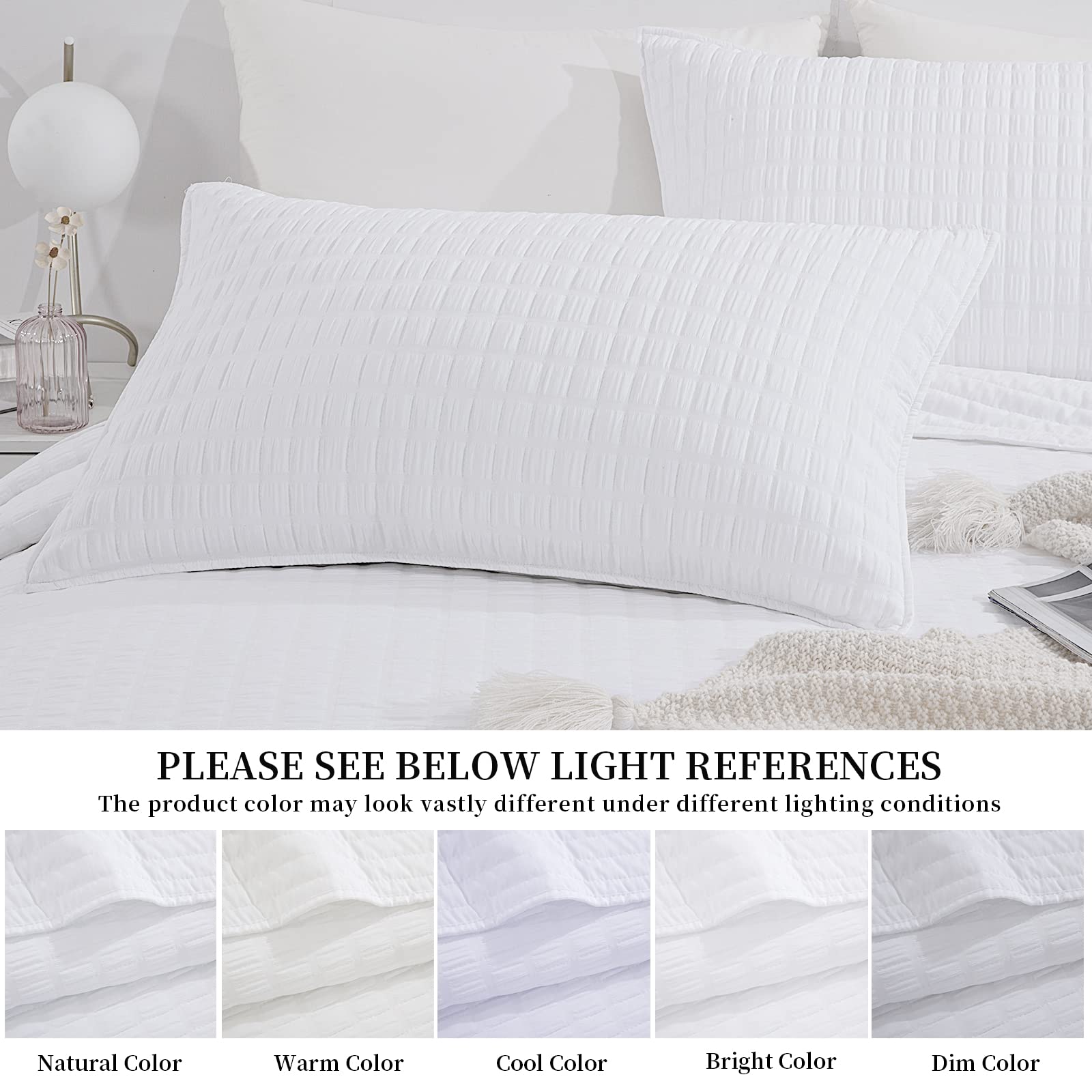 HOMBYS Oversized King Seersucker Bedspread 120βx128β, White Summer Quilt Set,Lightweight Bedding Cover with Shams for All Season, Microfiber Modern Style Bedspread & Coverlet Sets (1 Quilt, 2 Shams)