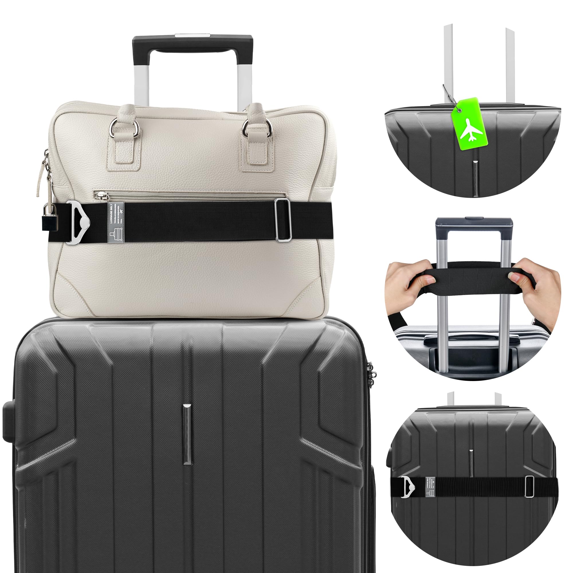 Travel Belt for Luggage Over Handle, 2-in-1 Adjustable Bag Bungee for Luggage, Add a Bag Luggage Strap for Carry On Bag, Alloy Buckle Handle Suitcases Belt with Baggage Tags, Travel Accessories, Black
