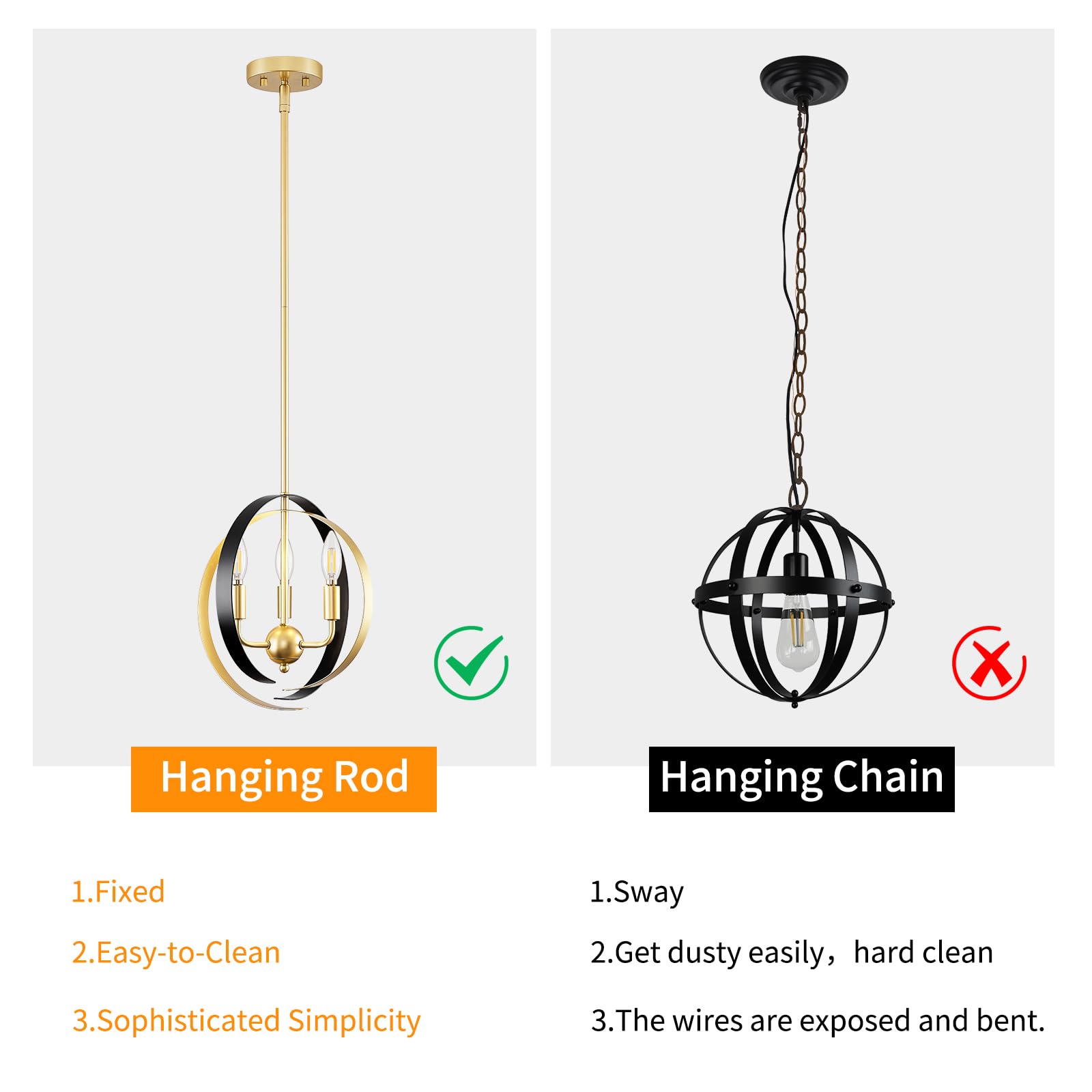 VIOLOEMI Black and Gold Pendant Light, Modern Globe Chandeliers for Dining Room, Adjustable Height 3-Light Farmhouse Foyer Hallway Entryway Kitchen Island Lighting Fixtures(Bulb Not Included)