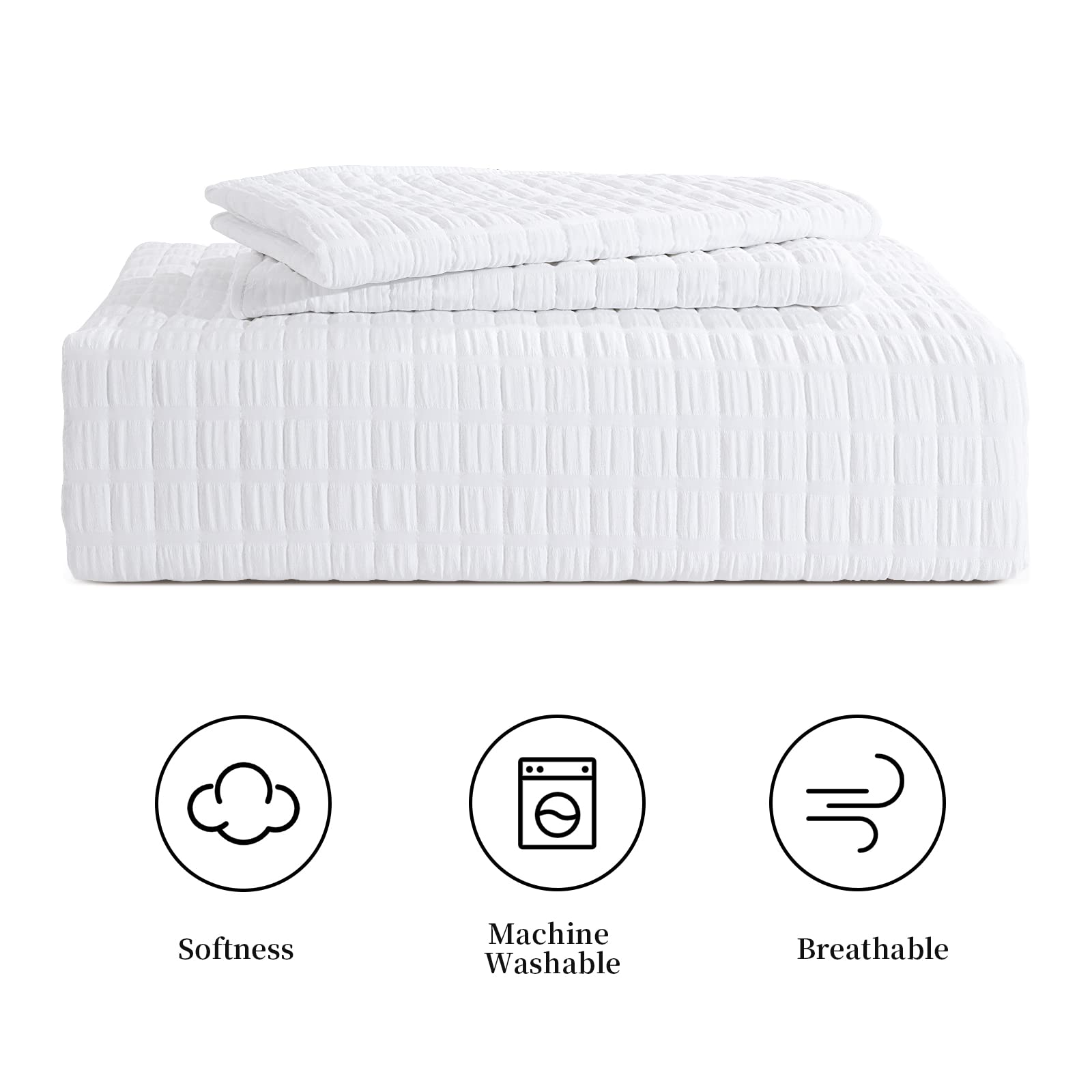 HOMBYS Oversized King Seersucker Bedspread 120βx128β, White Summer Quilt Set,Lightweight Bedding Cover with Shams for All Season, Microfiber Modern Style Bedspread & Coverlet Sets (1 Quilt, 2 Shams)