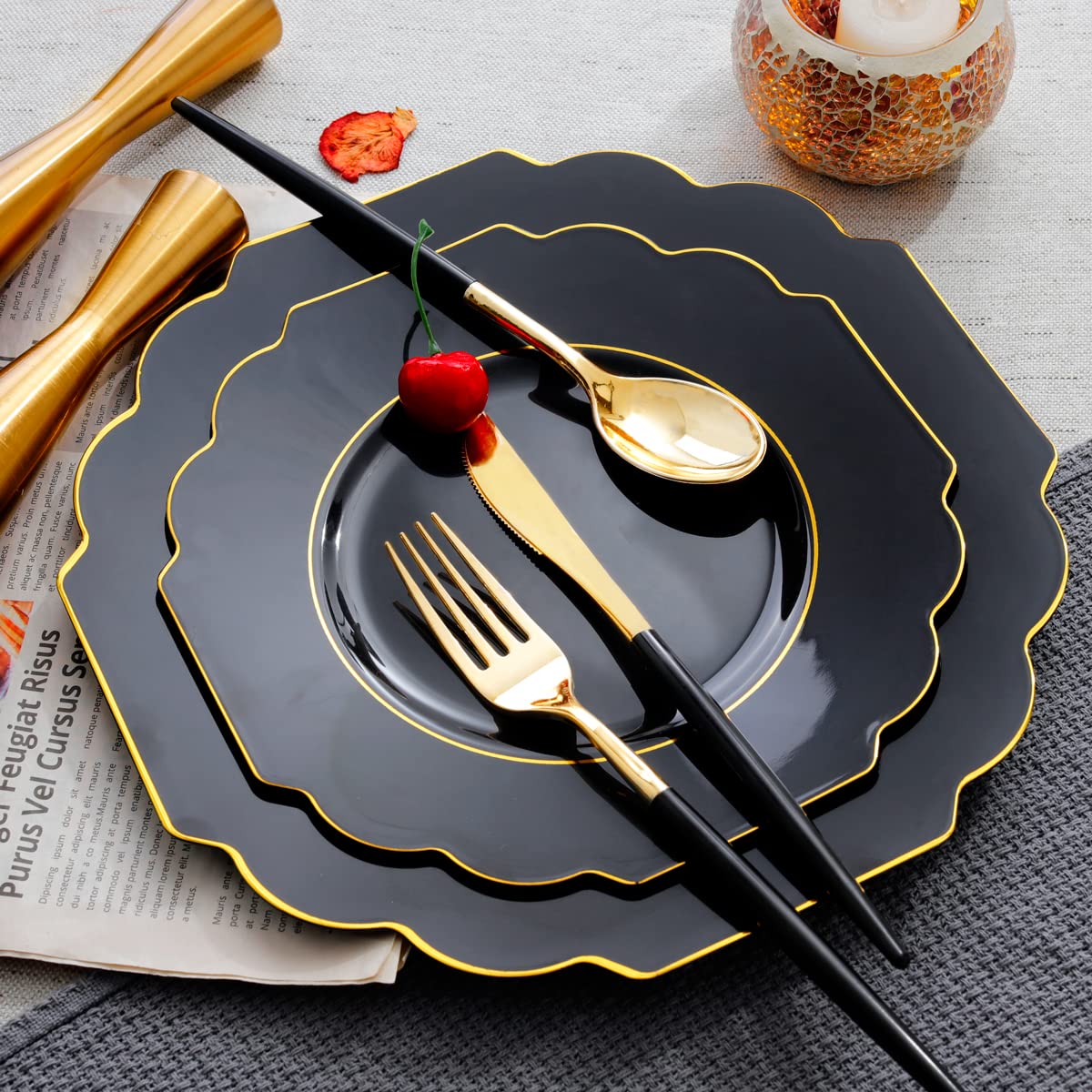 supernal 60pcs Black Plastic Plates,Black and Gold Plates Baroque,Gold Plates Plastic,Include 30 Plastic Dinner Plates,30 Appetizer Plates,Suit For Party, Birthday, Wedding, Easter and Monther's Day