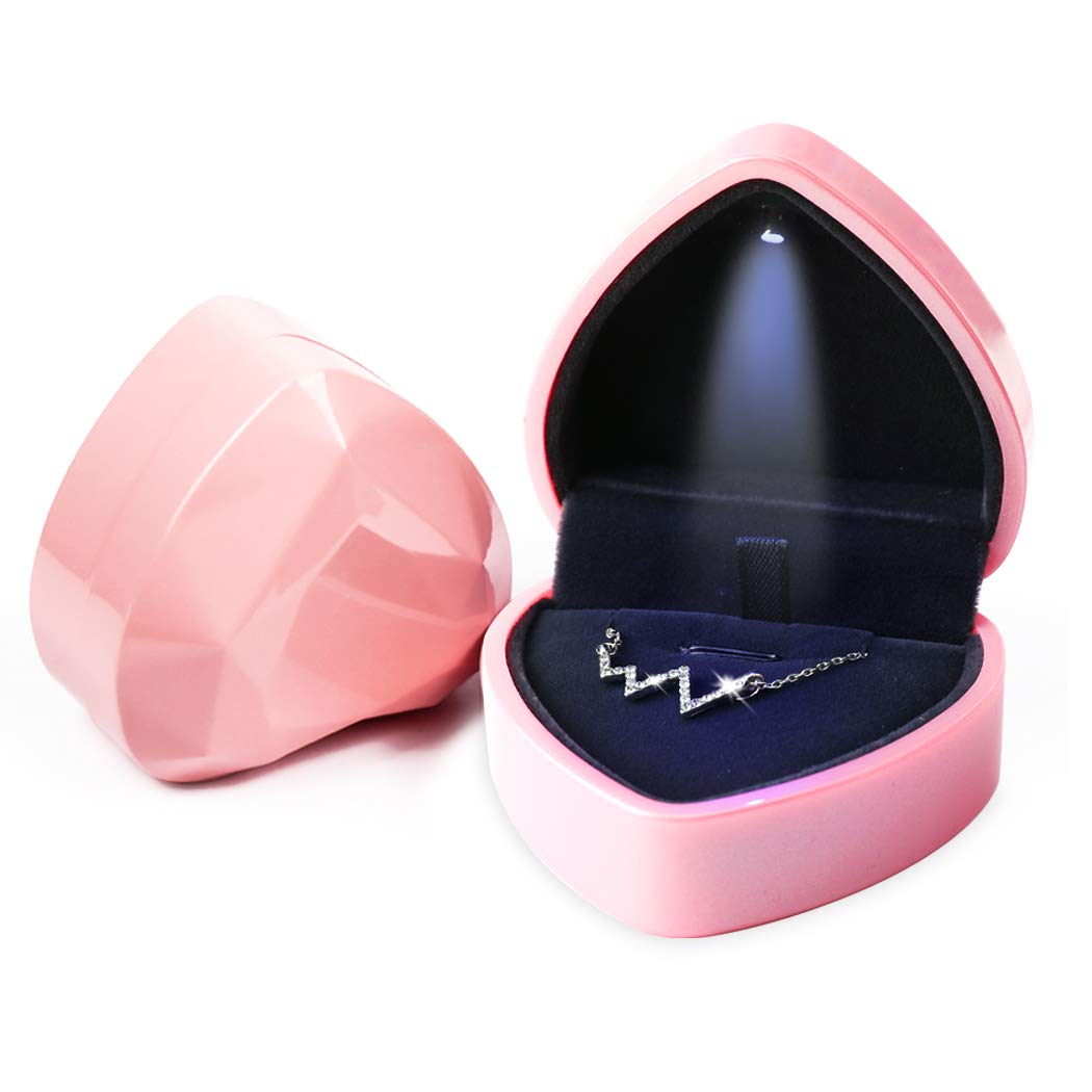 iSuperb Pendant Necklace Box with LED Light Heart Shape Jewelry Gift Box Bracelet Case for Anniversary Wedding Engagment (Pink)
