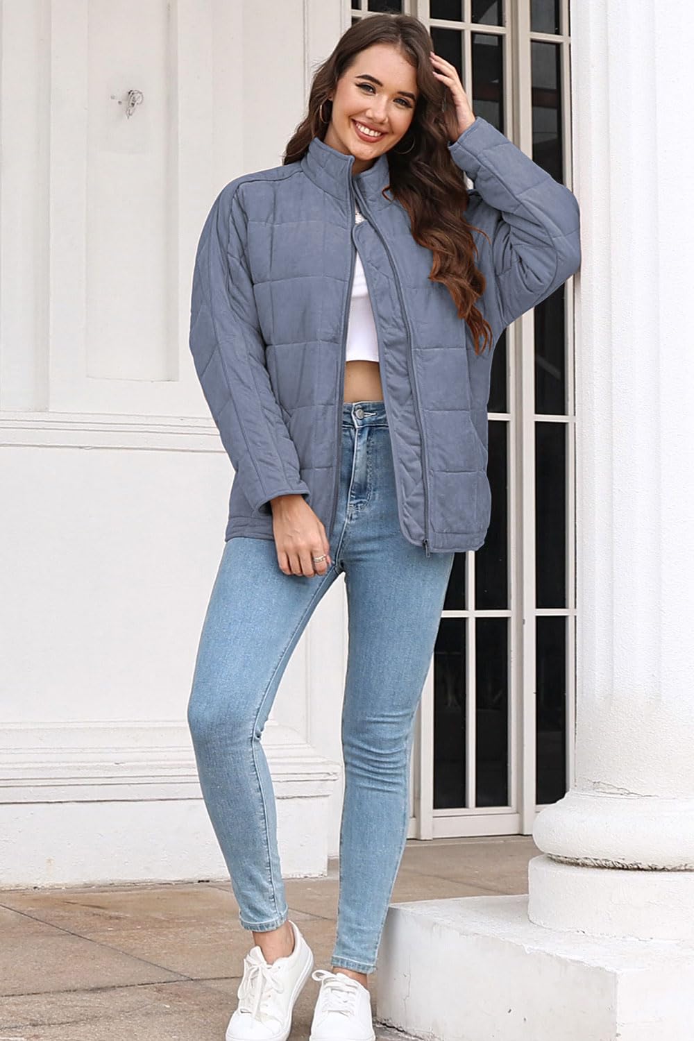 ETCYY Women's Causal Lightweight Quilted Jackets Long Sleeve Oversized Warm Winter Zip Up Coat with Pockets