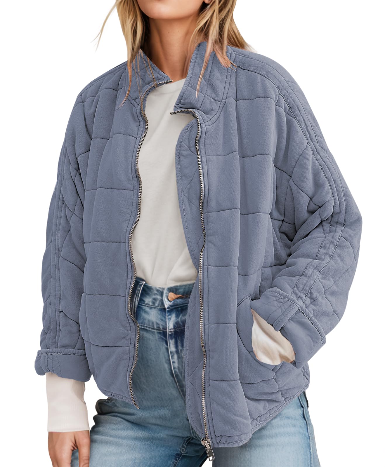ETCYY Women's Causal Lightweight Quilted Jackets Long Sleeve Oversized Warm Winter Zip Up Coat with Pockets