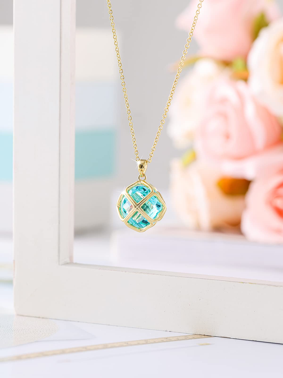 Qinpan 14MM Crystal Pendant Drop Dangle Necklace for Women Glod Plated Costume Jewelry, 24.4*17.8mm, Gold Plated, Cubic Zirconia