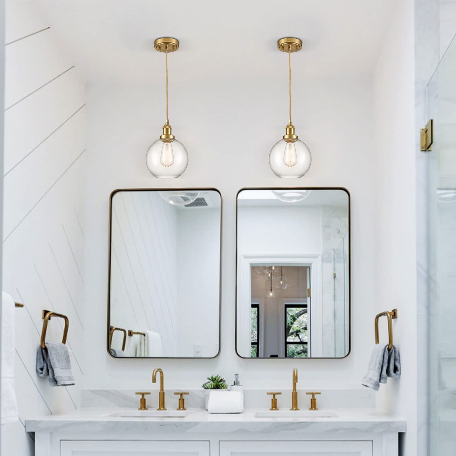SHAWNKEY Modern Bushed Gold Pendant Light Fixture with Globe Clear Glass Shade Pendant Lighting for Kitchen Island Hanging Lighting
