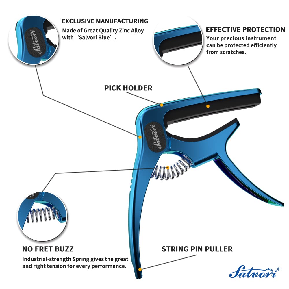 Salvori Exclusive Gradient 'Blue-Plated' Heavy-Duty Guitar Capo for Acoustic/Electric Guitar with 4 Picks, Guitar Clip/Guitar Clamp/Guitar Accessories for Classical Guitar, Ukulele, Mandolin and Banjo