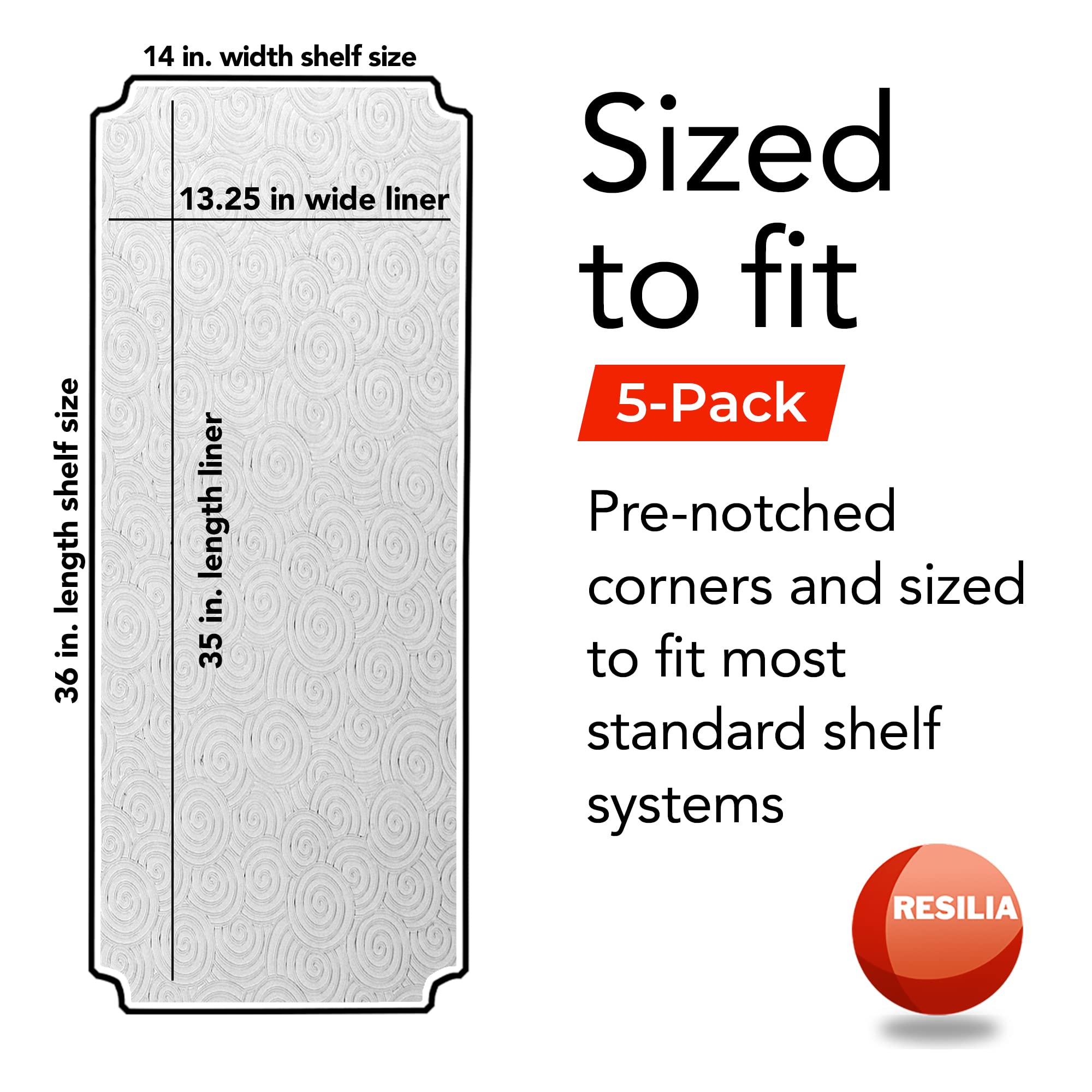 Resilia Shelf Liner Set for Wire Shelving Units β 5 Pack, 14 Inches x 36 Inches, Clear Swirl Spiral Pattern, Anti-Slip, Heavy Duty, Made in The USA, for Kitchen, Bathroom, Garage Storage
