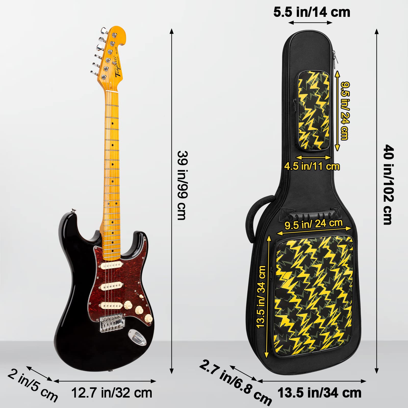 LETSROCK 39 Inch Electric Guitar Bag Case 0.38 inch Thick Padding with Neck Strap Adjustable Shoulder Strap Waterproof Yellow Lightning Shape&Black Electric Guitar Gig Bag