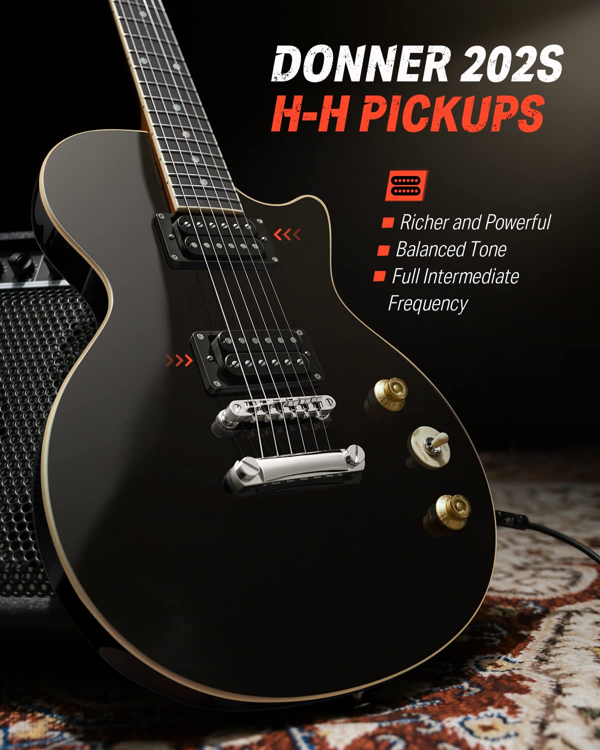 Donner Electric Guitar LP Solid Body, Full-Size 39 Inch Electric Guitar Beginner Kit Black with Bag, Cable, Strap, DLP-124B