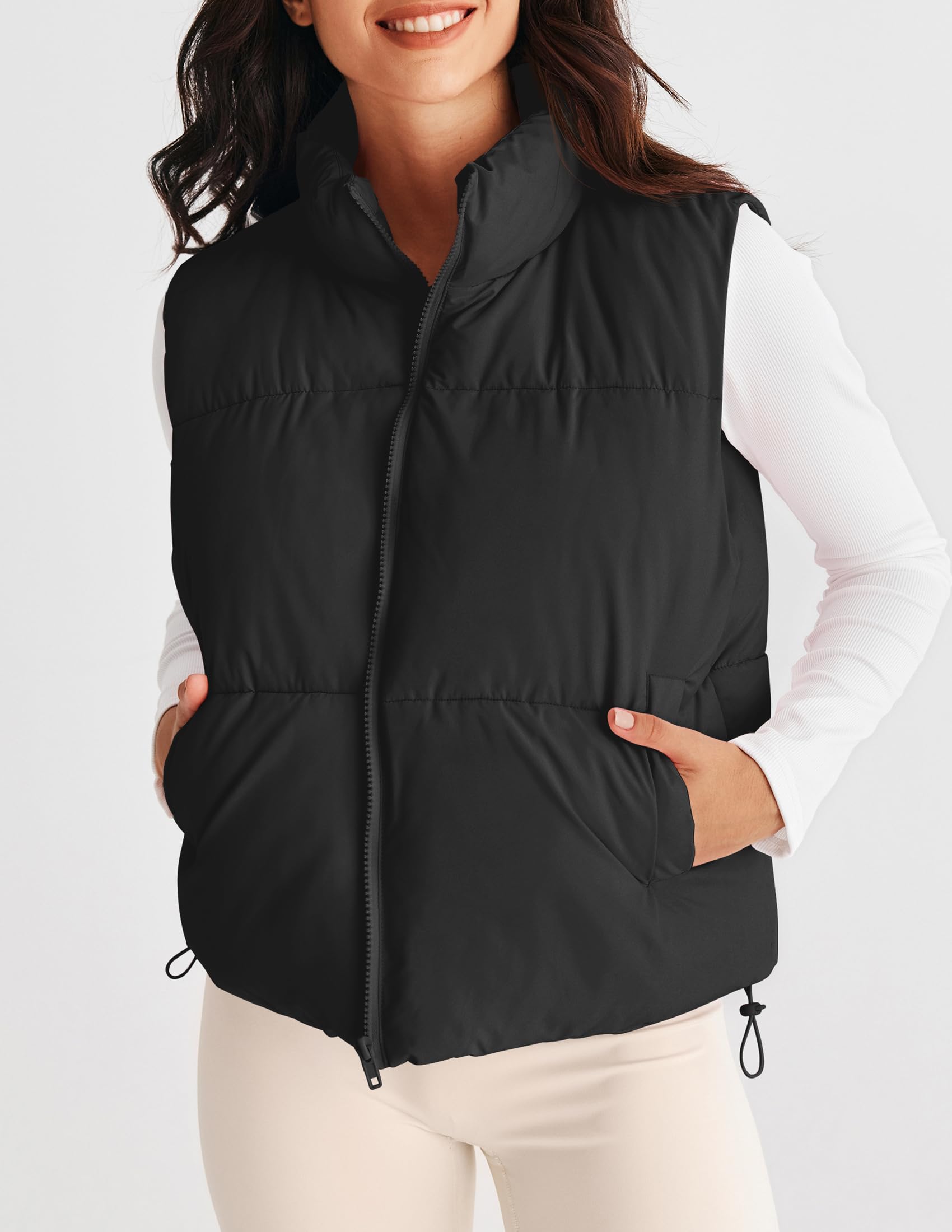 MEROKEETY Women's Quilted Puffer Vest Lightweight Stand-up Collar Soild Color Warm Outewear, Black, X-Large