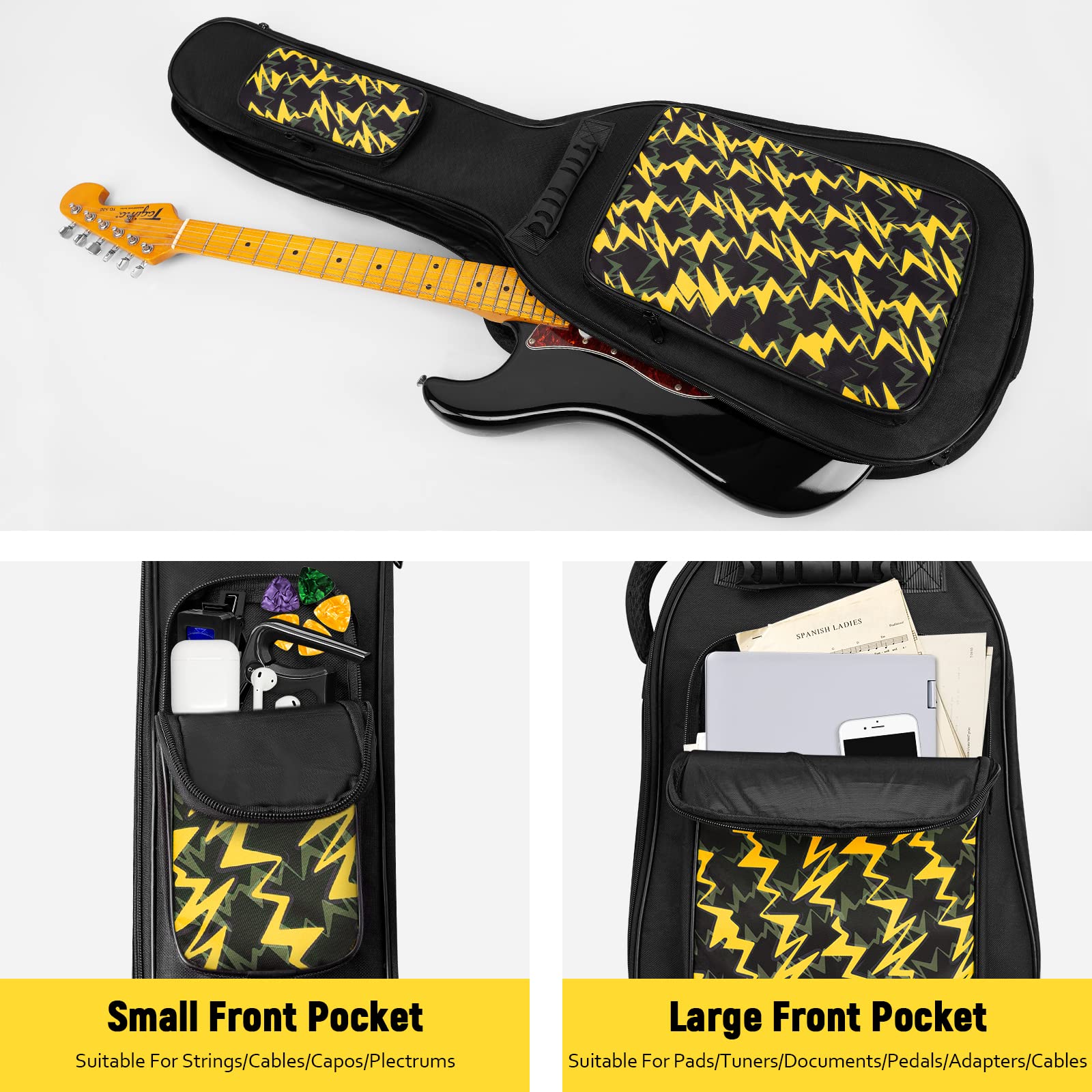 LETSROCK 39 Inch Electric Guitar Bag Case 0.38 inch Thick Padding with Neck Strap Adjustable Shoulder Strap Waterproof Yellow Lightning Shape&Black Electric Guitar Gig Bag