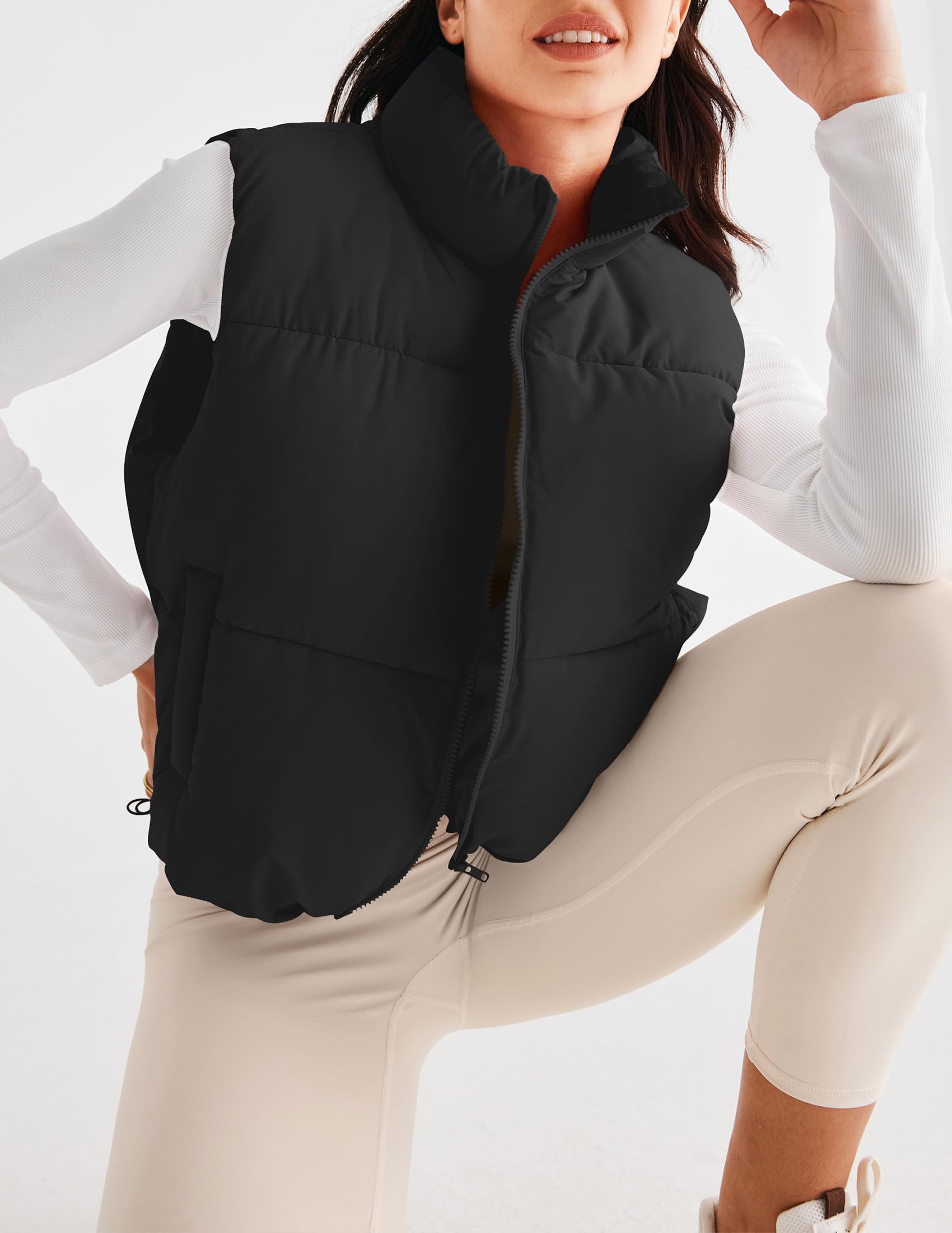 MEROKEETY Women's Quilted Puffer Vest Lightweight Stand-up Collar Soild Color Warm Outewear, Black, X-Large