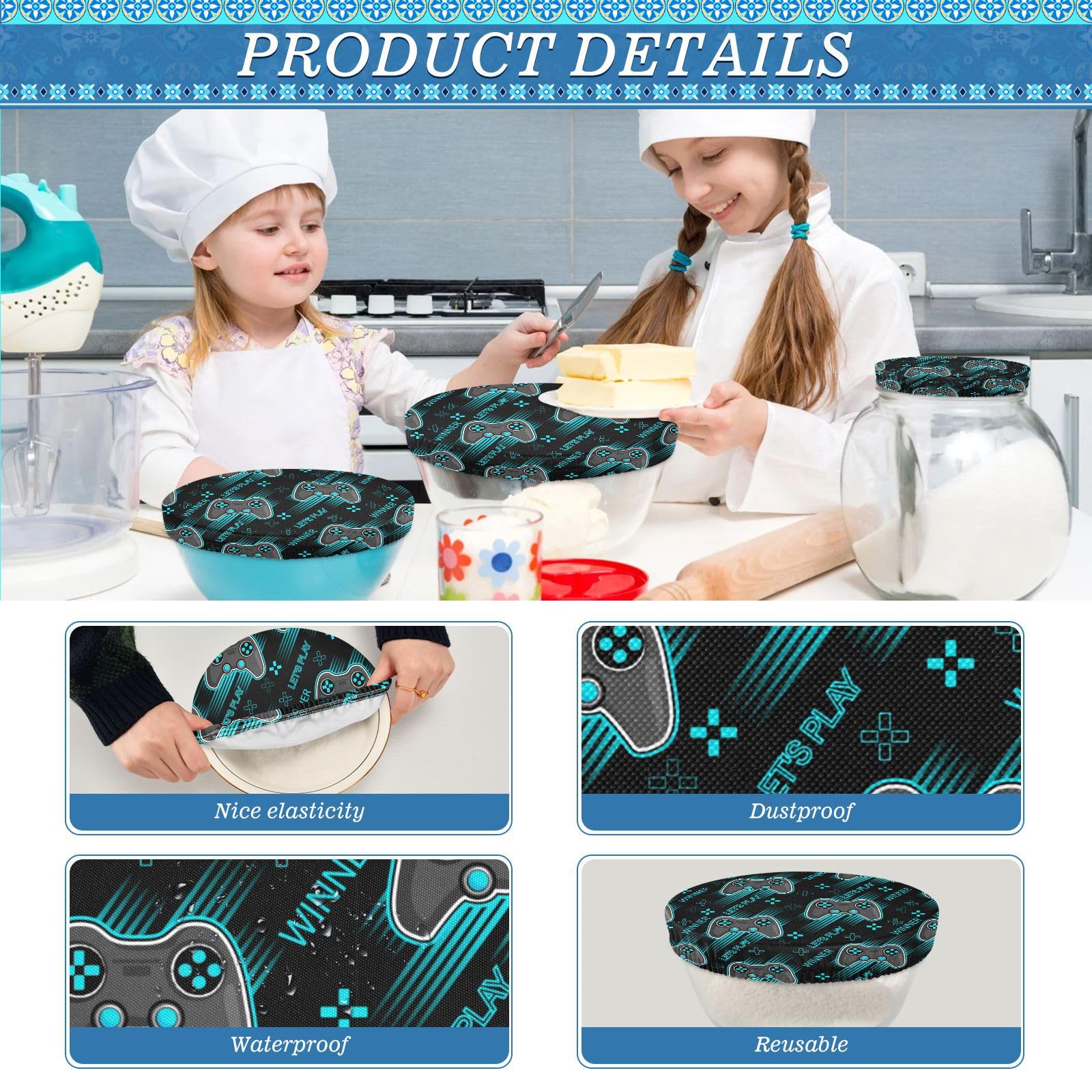 Bowl Cover Reusable Blue Joystick Video Game Black Elastic Fabric Food Storage Cover Stretch Lids 5 Pieces for Kitchen Food Bread Abstract Bowl Containers Dish Covers for Fruits,Leftover