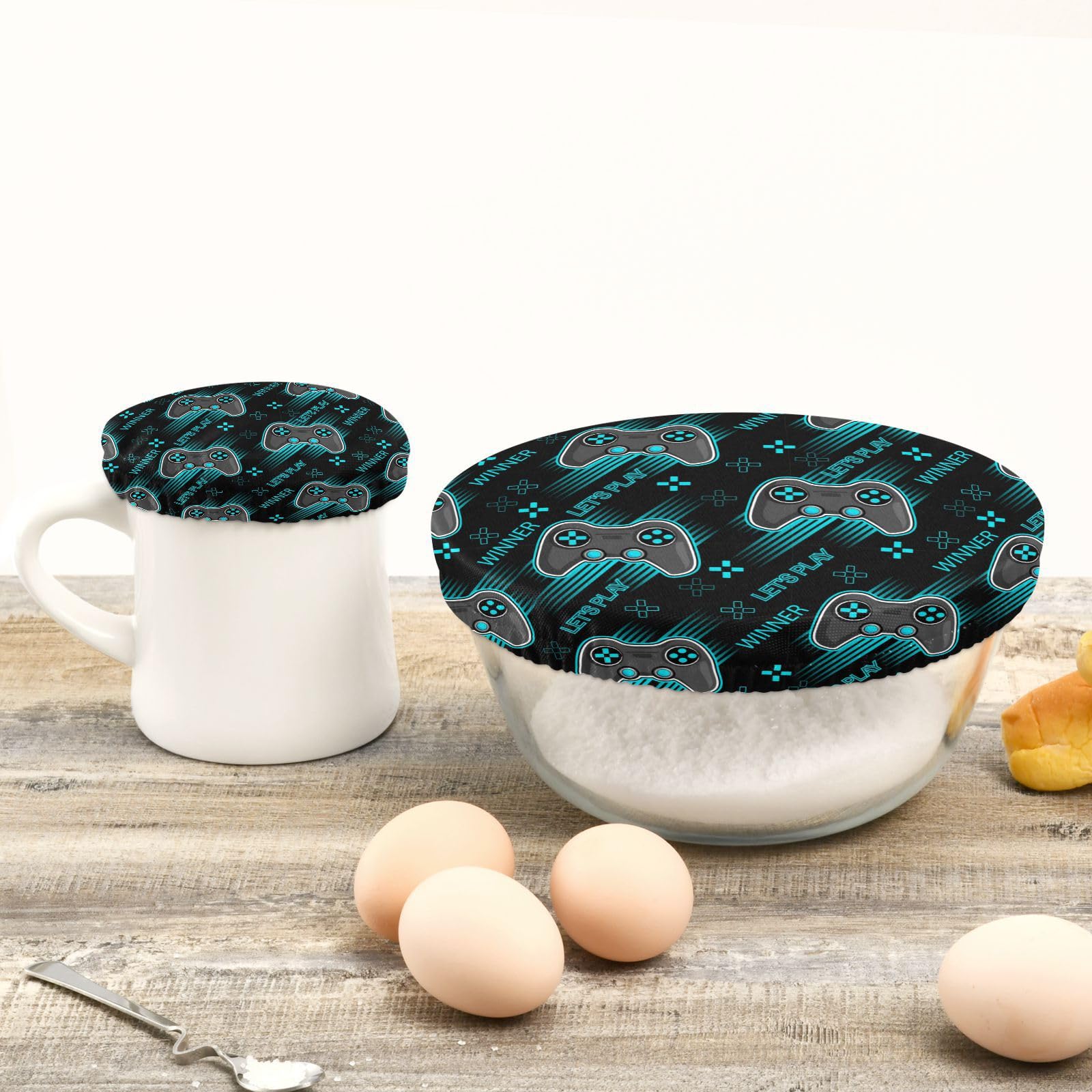 Bowl Cover Reusable Blue Joystick Video Game Black Elastic Fabric Food Storage Cover Stretch Lids 5 Pieces for Kitchen Food Bread Abstract Bowl Containers Dish Covers for Fruits,Leftover