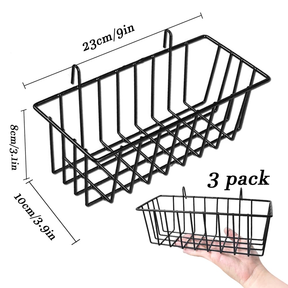 3 Pack Wall Grid Panel Hanging Wire Basket,Wall Storage and Display Basket,Grid Wall Storage Basket for Kitchen,Home Decor Supplies,Black