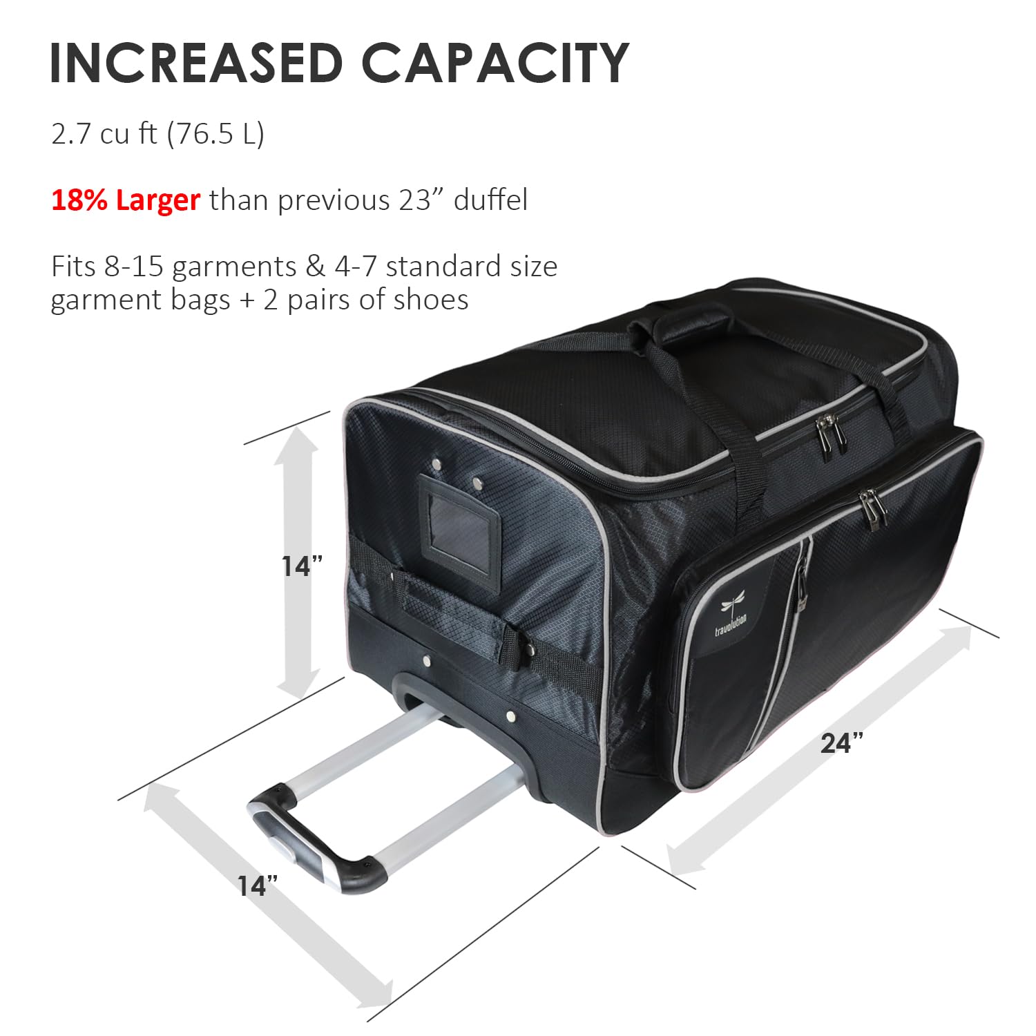 Travolution Dance Bag with Garment Rack, 24 Inch Rolling Duffel With Wheels, Ideal for Competitions & Travel, Easy-assembly Lightweight Aluminum Clothes Rack, Wheeled Upright Luggage, Black/Gray