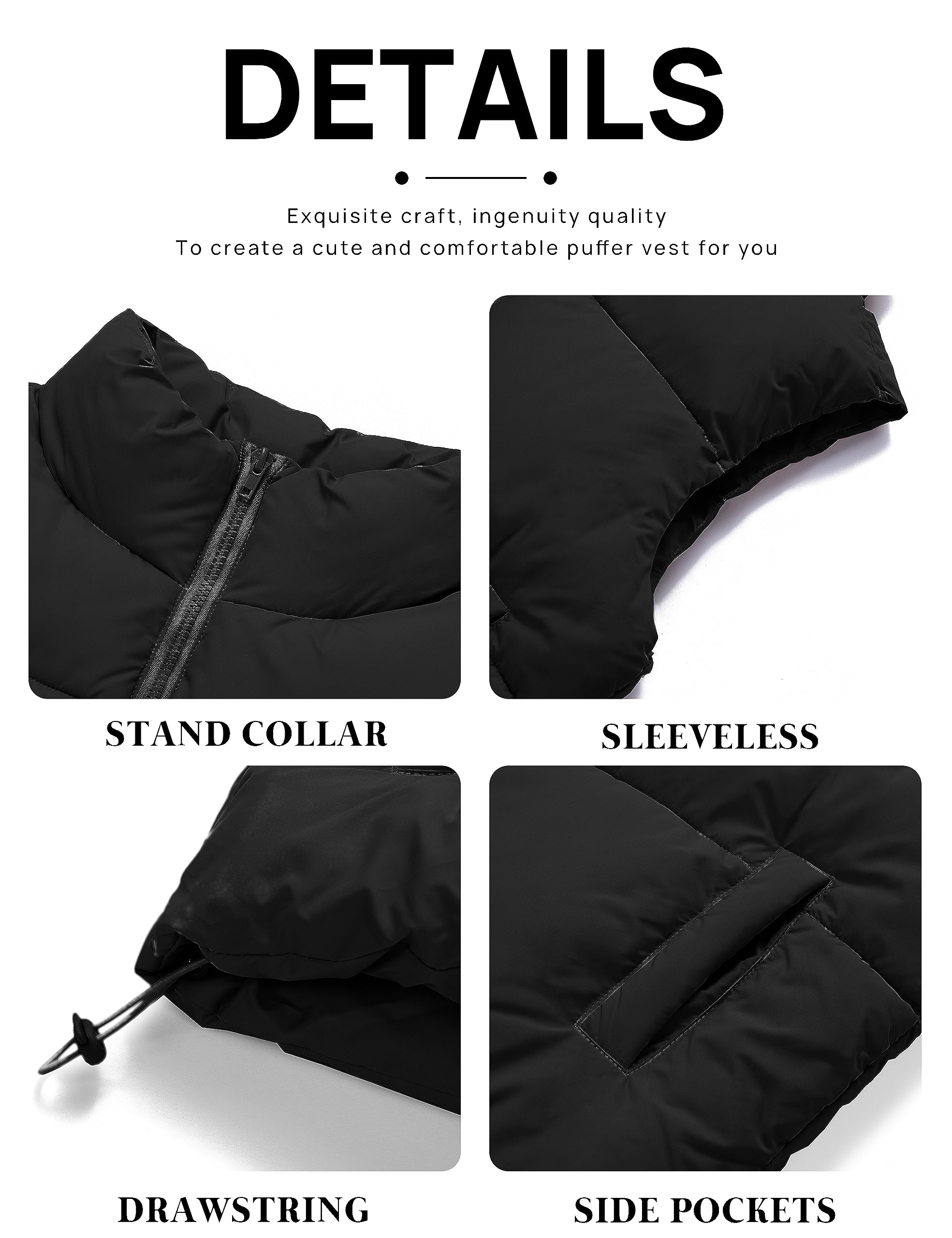 MEROKEETY Women's Quilted Puffer Vest Lightweight Stand-up Collar Soild Color Warm Outewear, Black, X-Large