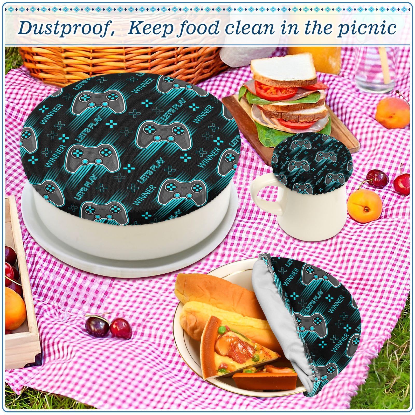 Bowl Cover Reusable Blue Joystick Video Game Black Elastic Fabric Food Storage Cover Stretch Lids 5 Pieces for Kitchen Food Bread Abstract Bowl Containers Dish Covers for Fruits,Leftover