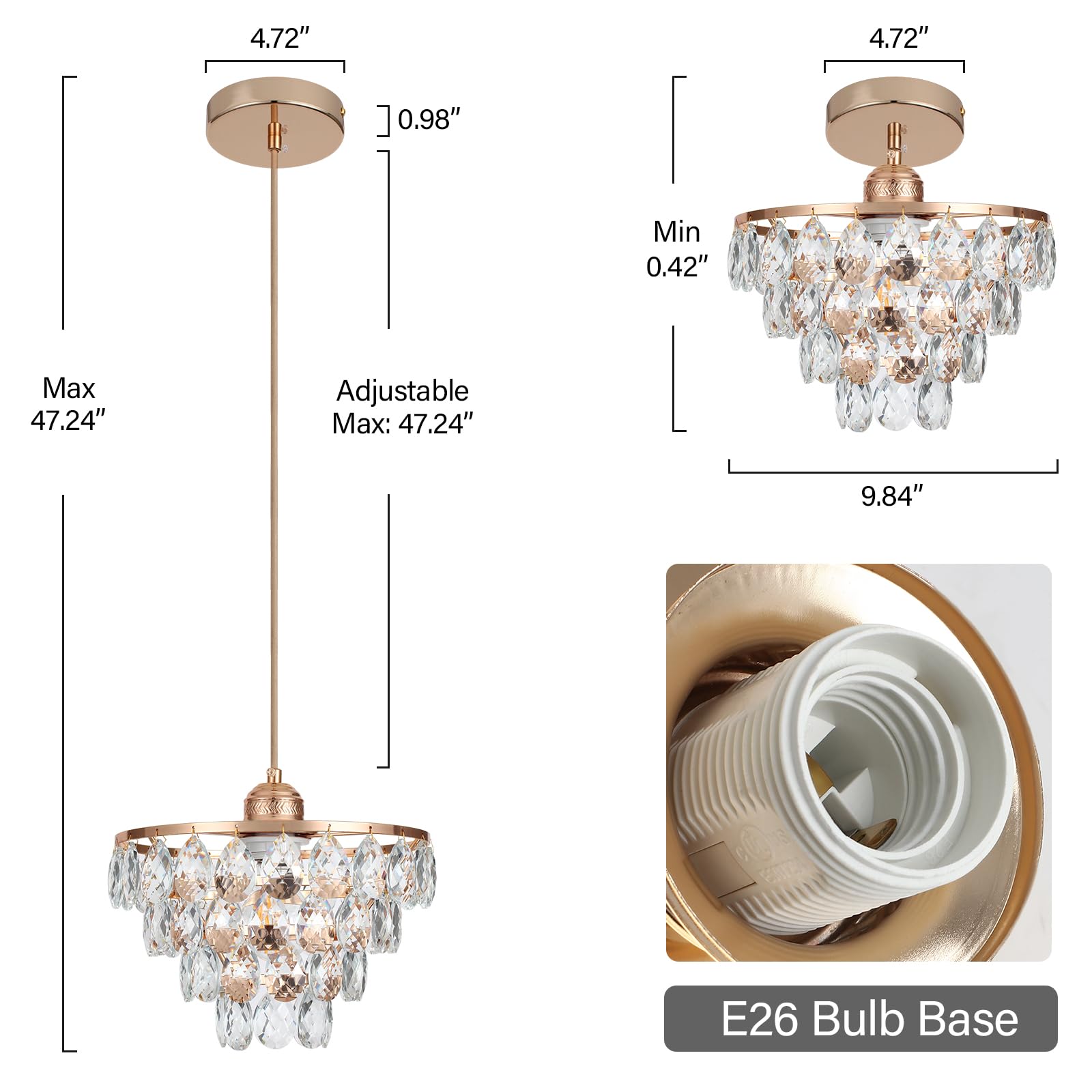 Luupyia Rose Gold Crystal Pendant Light Mini Crystal Chandelier, 47.24 Inch Height Adjustable, Modern Chandelier Unique Hanging Light Fixtures for Hallway Bedrooom Foyer E26
