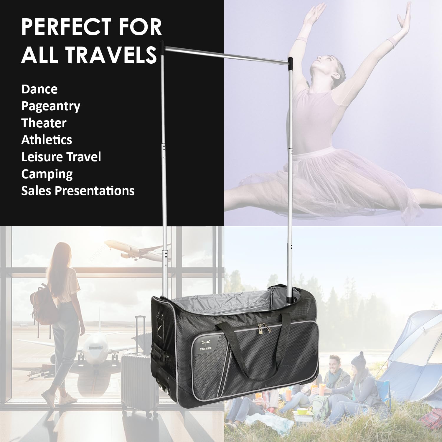 Travolution Dance Bag with Garment Rack, 24 Inch Rolling Duffel With Wheels, Ideal for Competitions & Travel, Easy-assembly Lightweight Aluminum Clothes Rack, Wheeled Upright Luggage, Black/Gray