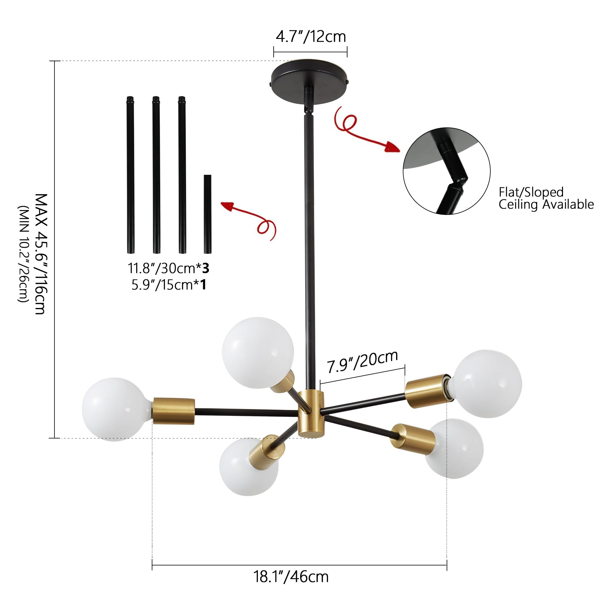 KAISITE Sputnik Chandelier Light Fixture - Modern 5-Light Sputnik Ceiling Light Height Adjustable Gold and Black Hanging Pendant Lighting for Living Room Kitchen Bedroom Hallway Farmhouse