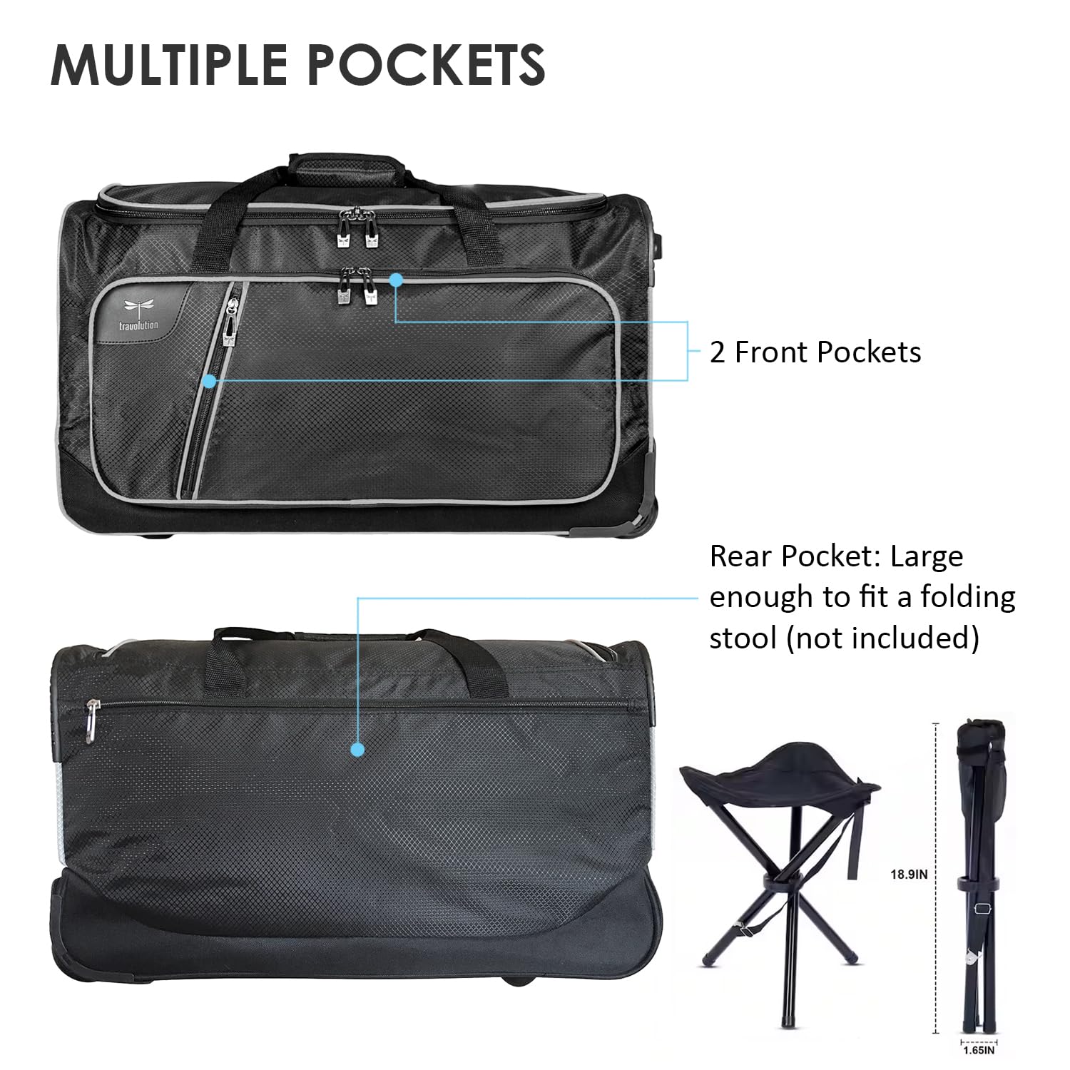 Travolution Dance Bag with Garment Rack, 24 Inch Rolling Duffel With Wheels, Ideal for Competitions & Travel, Easy-assembly Lightweight Aluminum Clothes Rack, Wheeled Upright Luggage, Black/Gray