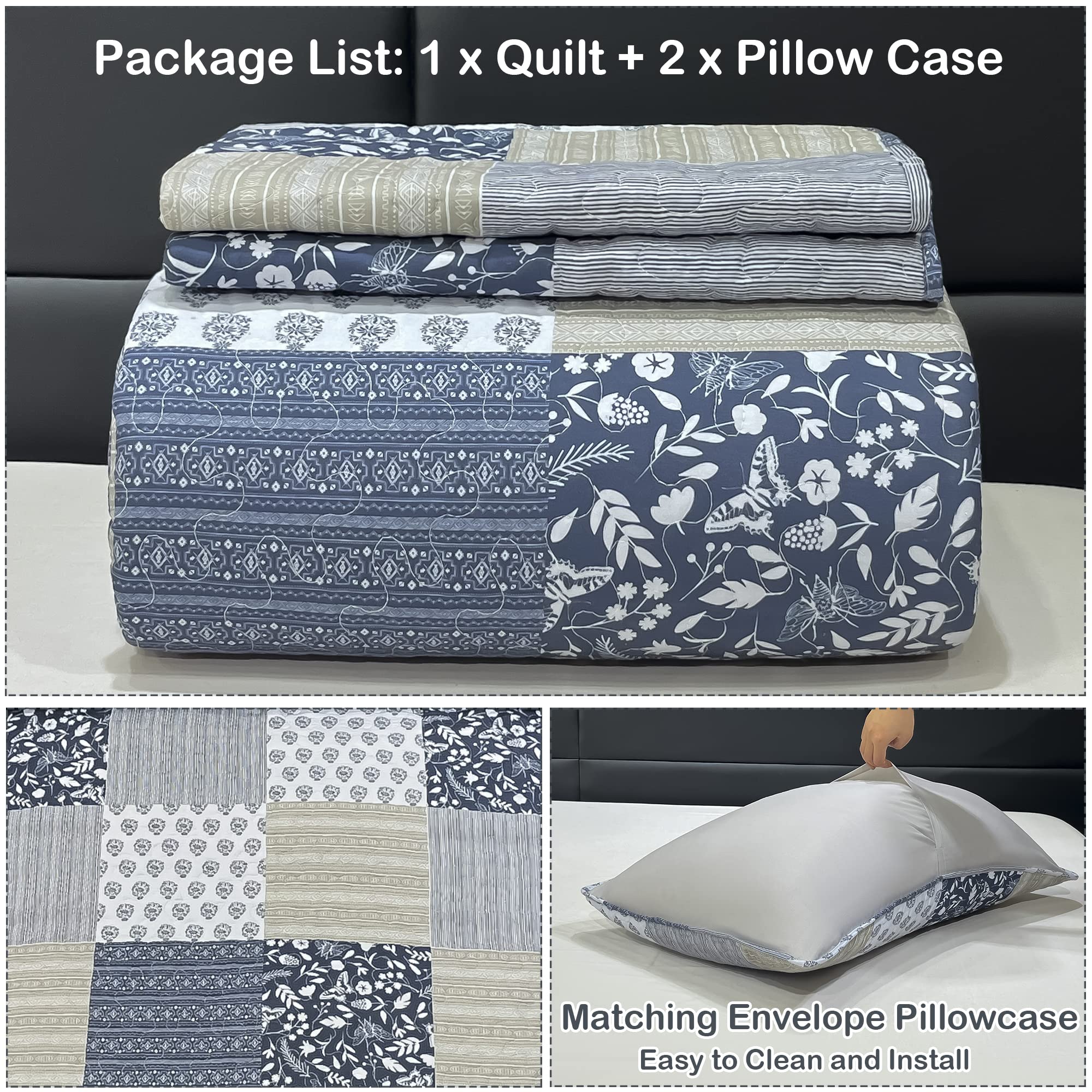 VIVILINEN Queen Size Quilt Set Grey Patchwork Floral Plaid Reversible Quilted Bedspread Coverlet 3-Piece Lightweight Comforter Stitched Bedding Set Bed Sheet Set Cover Blanket with 2 Pillow Shams