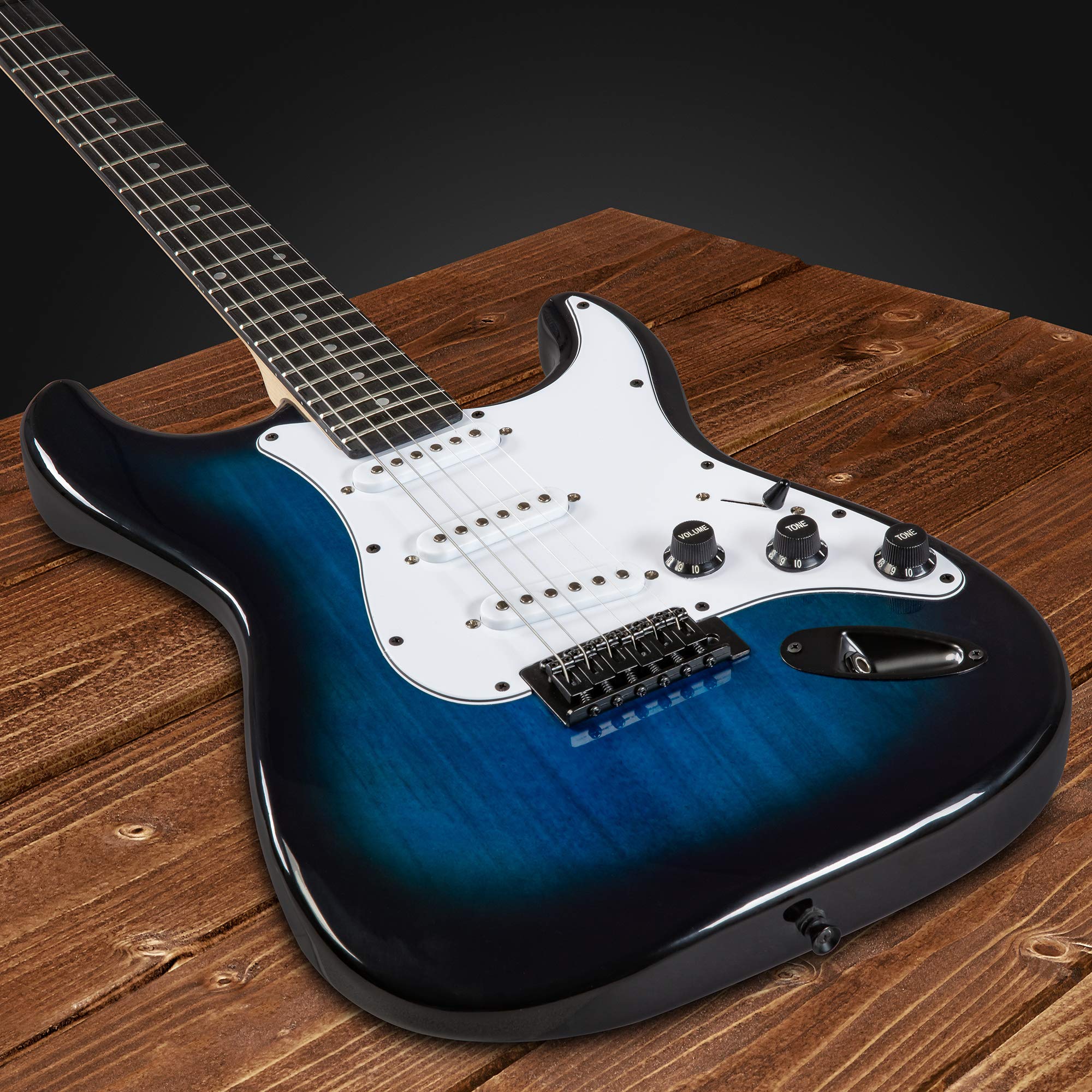 LyxPro 39 inch Electric Guitar Kit Bundle with 20w Amplifier, All Accessories, Digital Clip On Tuner, Six Strings, Two Picks, Tremolo Bar, Shoulder Strap, Case Bag Starter kit Full Size - Blue