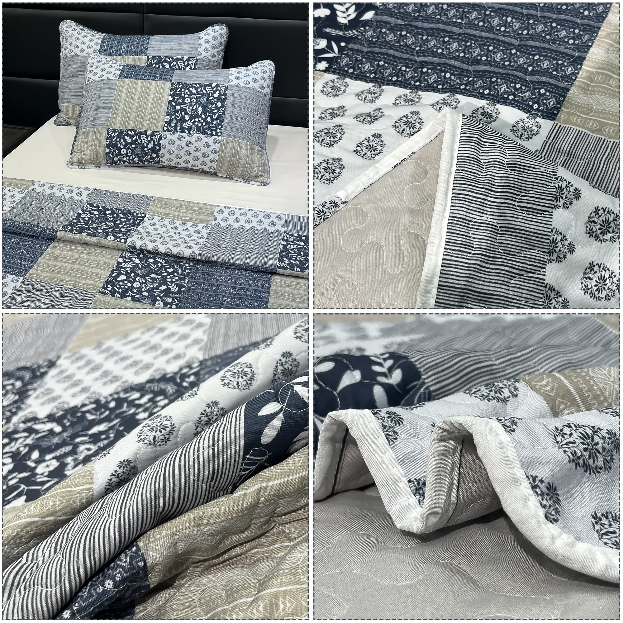 VIVILINEN Queen Size Quilt Set Grey Patchwork Floral Plaid Reversible Quilted Bedspread Coverlet 3-Piece Lightweight Comforter Stitched Bedding Set Bed Sheet Set Cover Blanket with 2 Pillow Shams