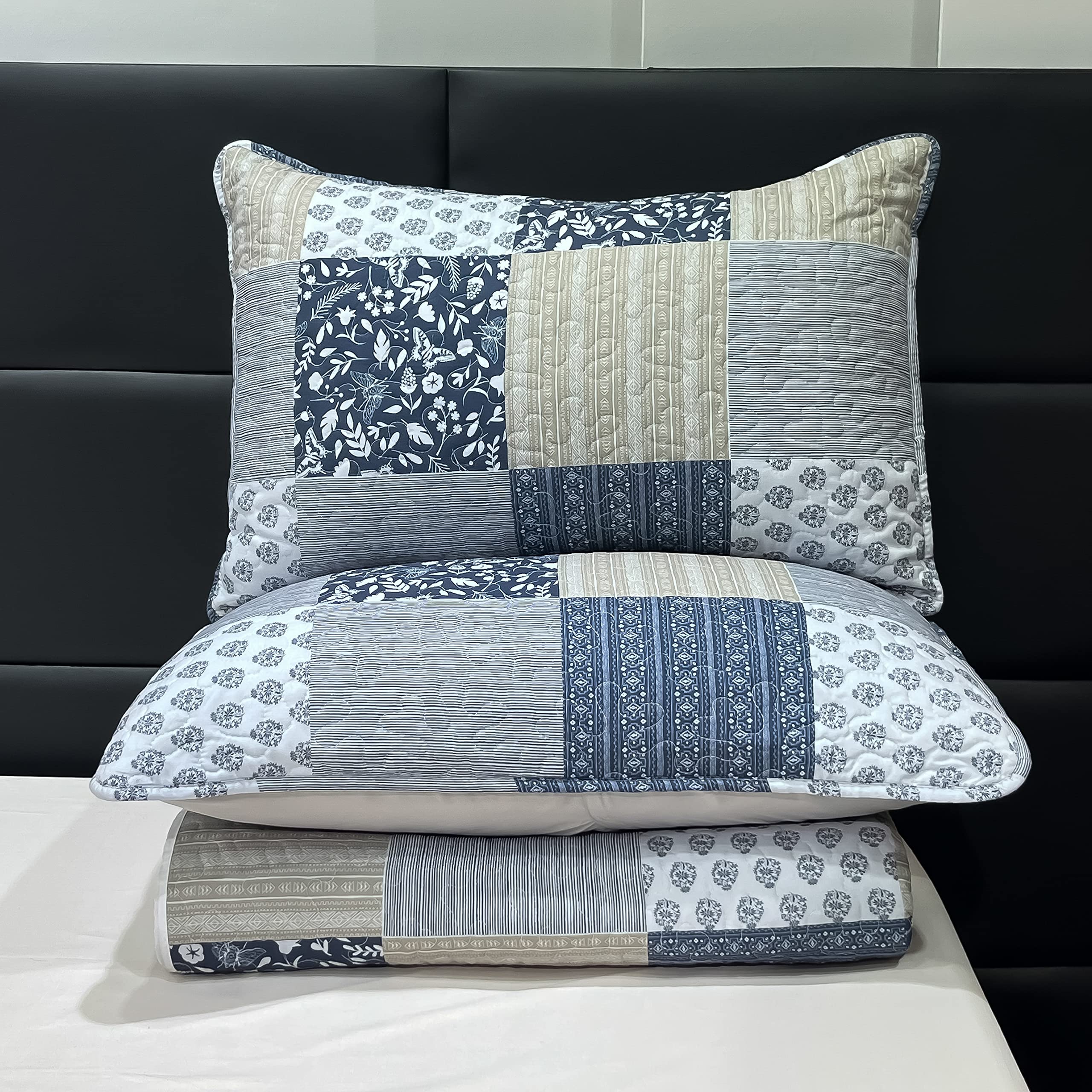 VIVILINEN Queen Size Quilt Set Grey Patchwork Floral Plaid Reversible Quilted Bedspread Coverlet 3-Piece Lightweight Comforter Stitched Bedding Set Bed Sheet Set Cover Blanket with 2 Pillow Shams