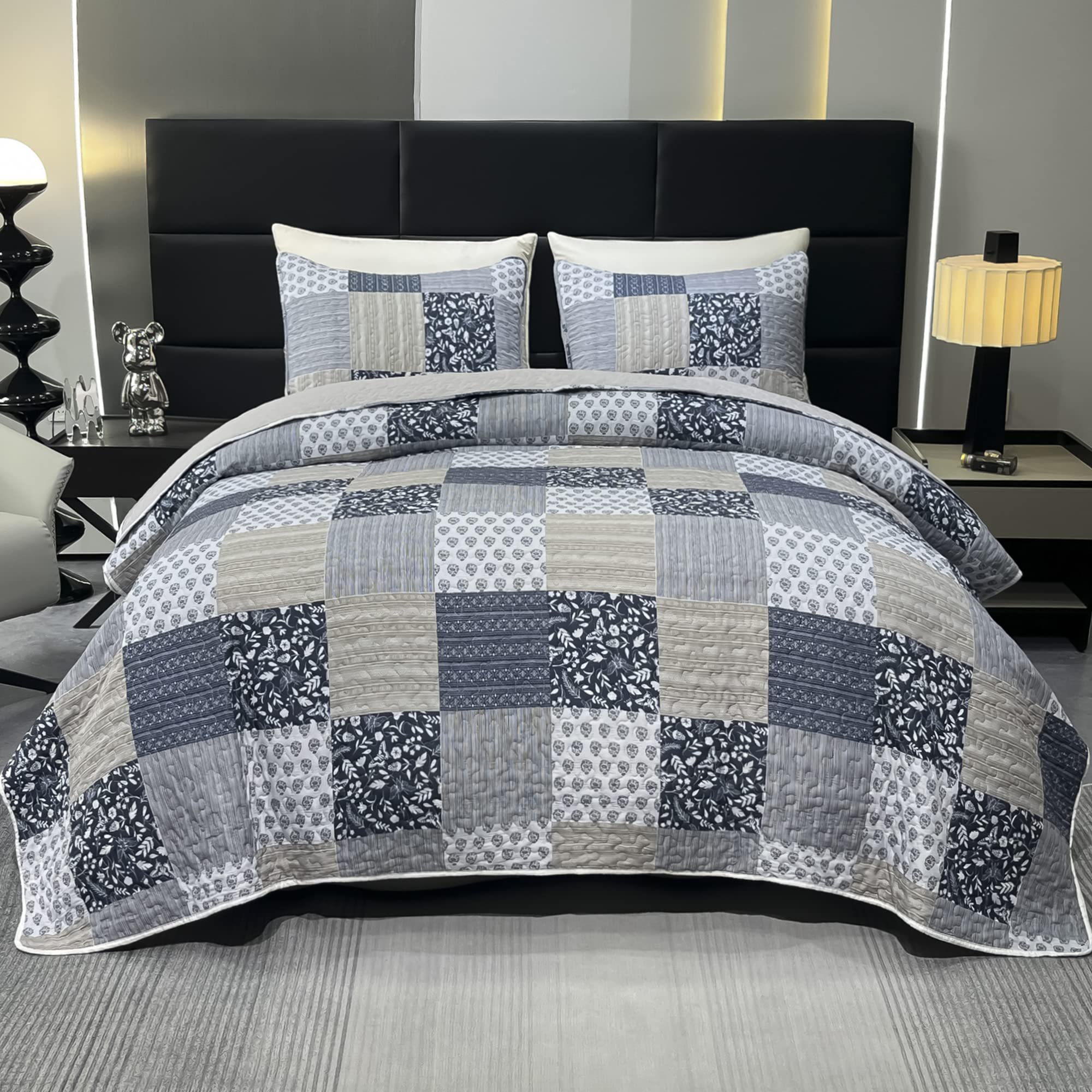 VIVILINEN Queen Size Quilt Set Grey Patchwork Floral Plaid Reversible Quilted Bedspread Coverlet 3-Piece Lightweight Comforter Stitched Bedding Set Bed Sheet Set Cover Blanket with 2 Pillow Shams