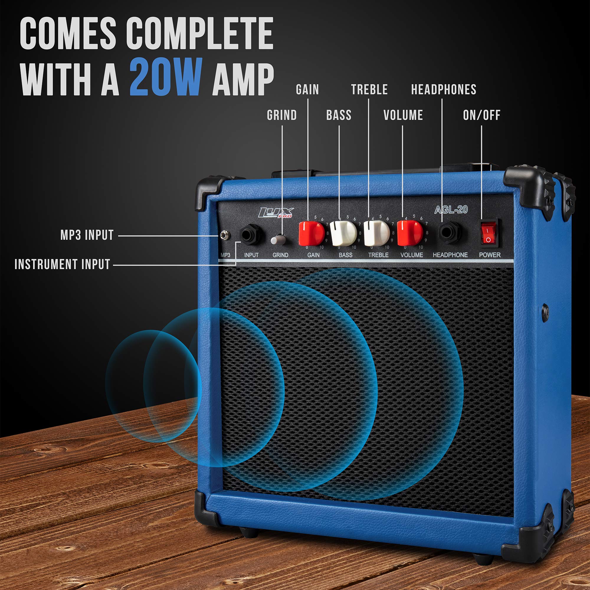 LyxPro 39 inch Electric Guitar Kit Bundle with 20w Amplifier, All Accessories, Digital Clip On Tuner, Six Strings, Two Picks, Tremolo Bar, Shoulder Strap, Case Bag Starter kit Full Size - Blue