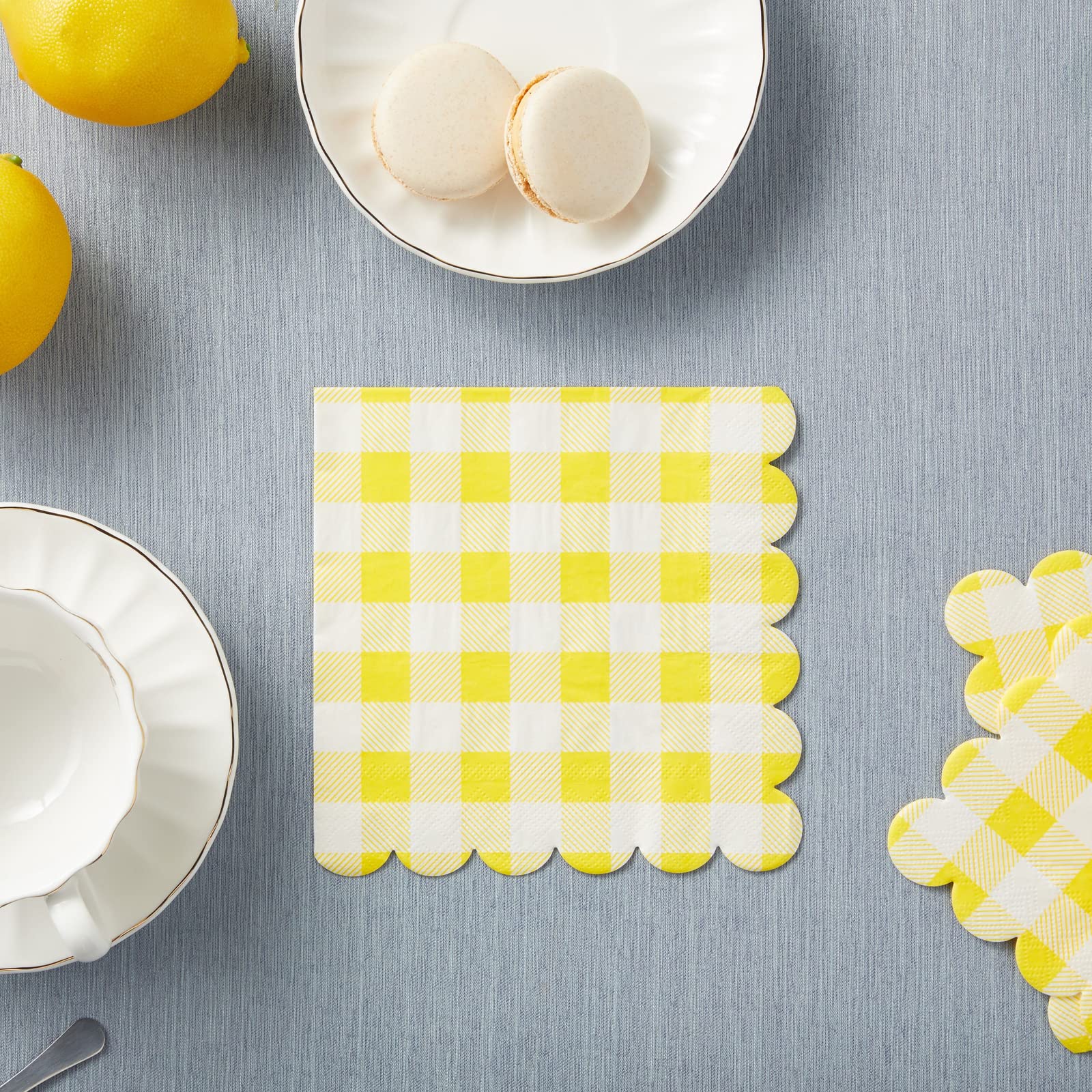 BLUE PANDA Yellow Plaid Paper Napkins for Birthday Party, Wedding - 6.5 x 6.5 Inch - 100 Pack - Yellow Disposable Checked Napkins
