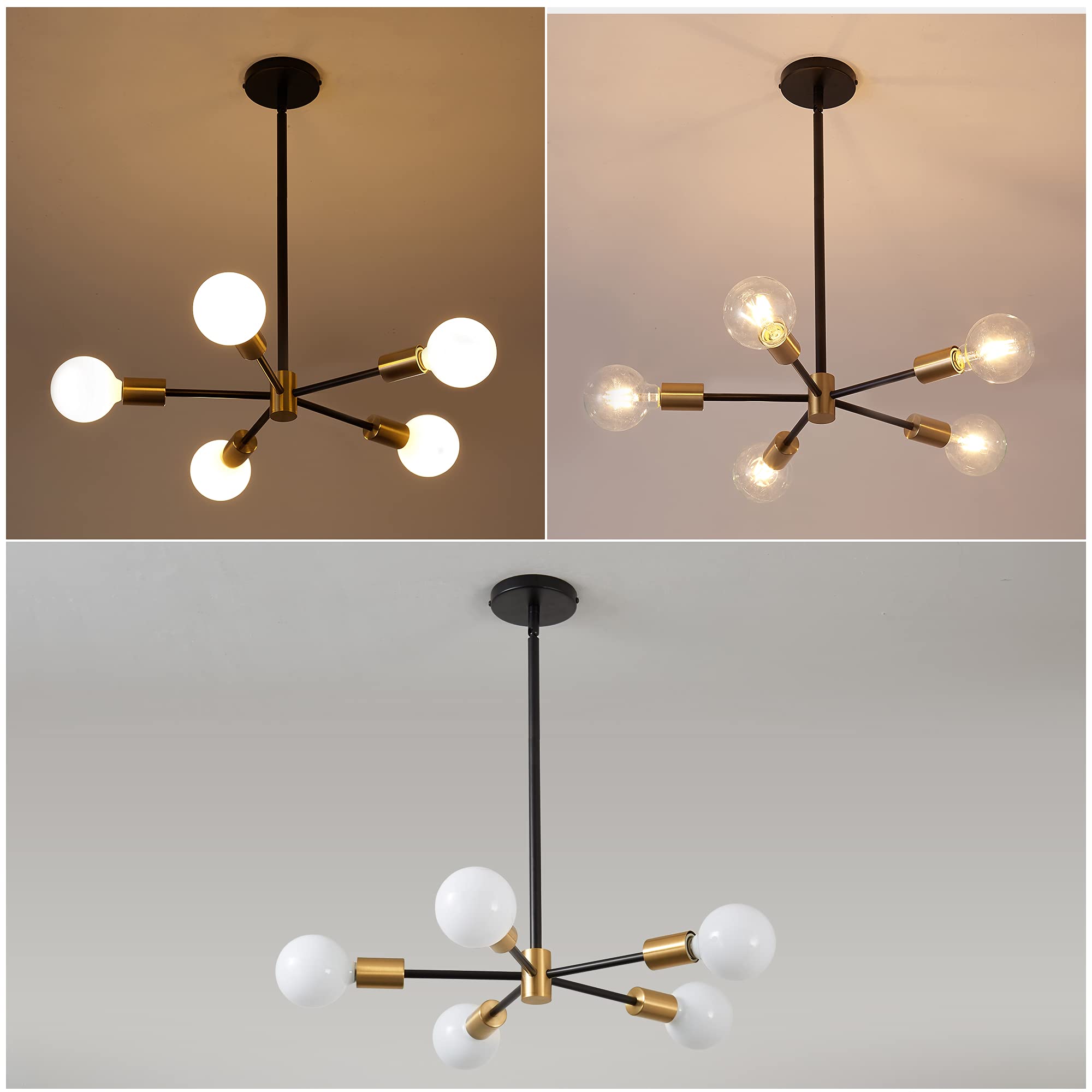 KAISITE Sputnik Chandelier Light Fixture - Modern 5-Light Sputnik Ceiling Light Height Adjustable Gold and Black Hanging Pendant Lighting for Living Room Kitchen Bedroom Hallway Farmhouse