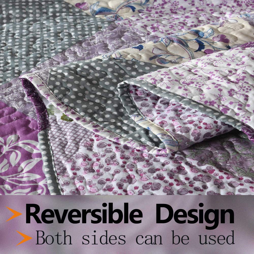 ENJOHOS King Size Quilt Set - 3 Pieces Purple Patchwork King Quilt with 2 Pillowcases, Lightweight Reversible Country Bedspread with Floral Design