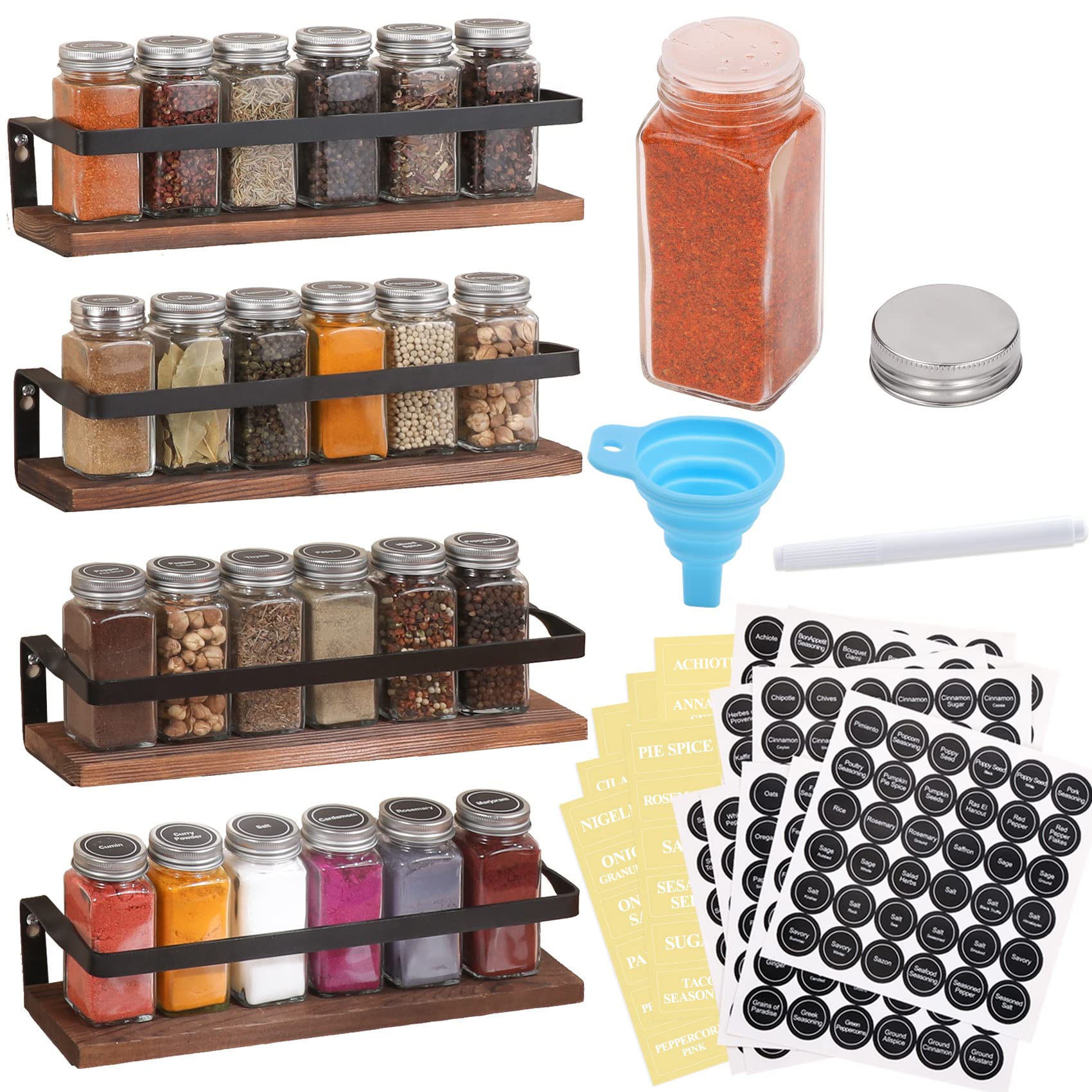 AOZITA 4 Pack Spice Rack with Jars, 25 Glass Spice Jars, Hanging Spice Rack for Cabinet, Space Saving Rustic Wood Floating Shelves - Spice Labels Chalk Marker and Silicone Collapsible Funnel Included