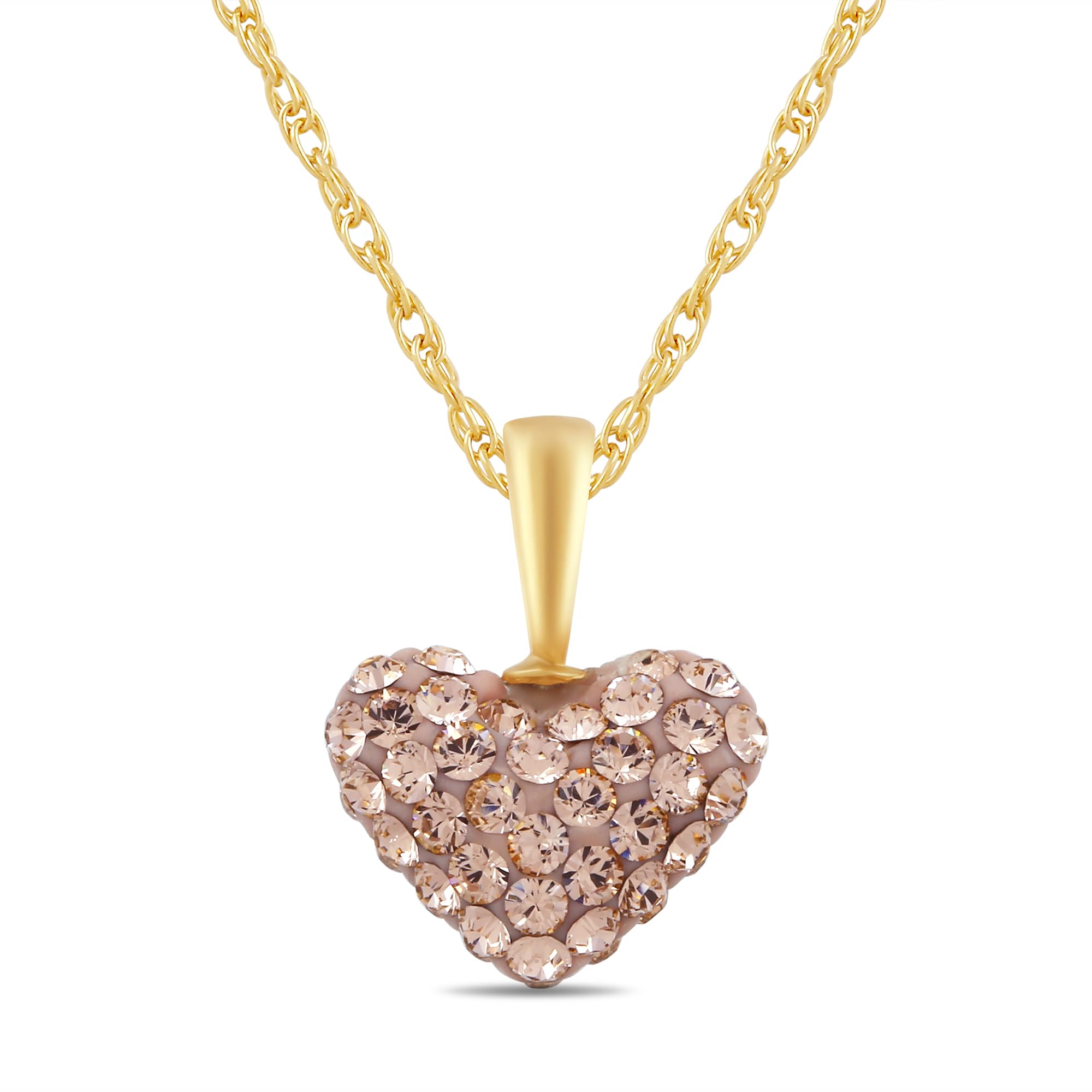 Jewelili Puffed Heart Necklace Pendant 10K Yellow Gold with Light Peach Round Cubic Zirconia 18 inch 14K Gold Filled Chain